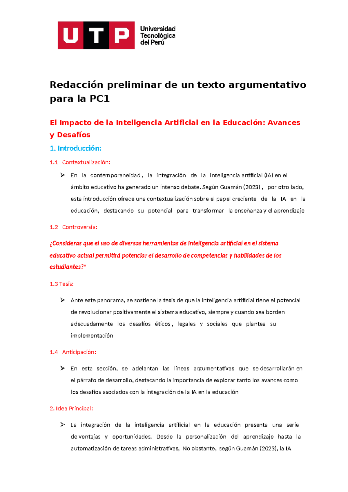 Redacción preliminar de un texto argumentativo para la PC1 - Redacción preliminar de un texto ...