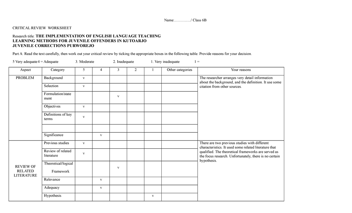 Ethnography review - Name:................./ Class 6B CRITICAL REVIEW ...