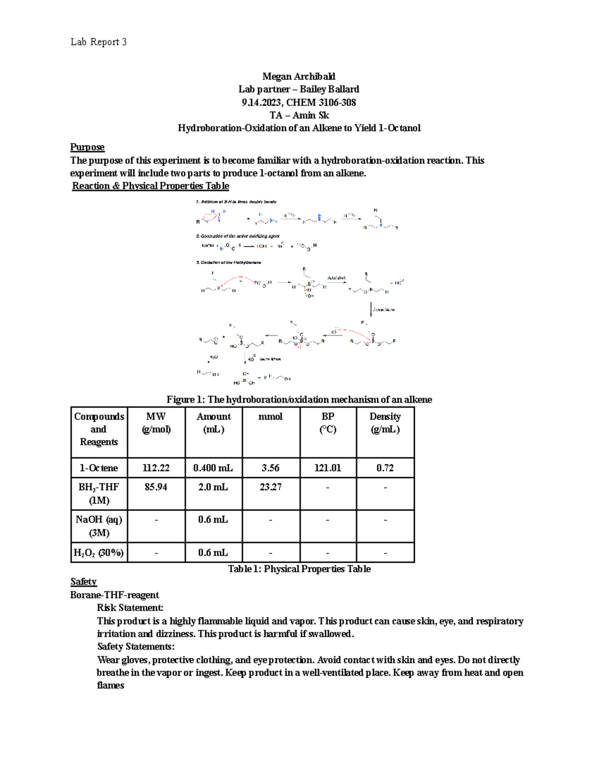 O chem 2 lab 3 - Lab - Megan Archibald Lab partner – Bailey Ballard 9.14, CHEM 3106- TA – Amin ...