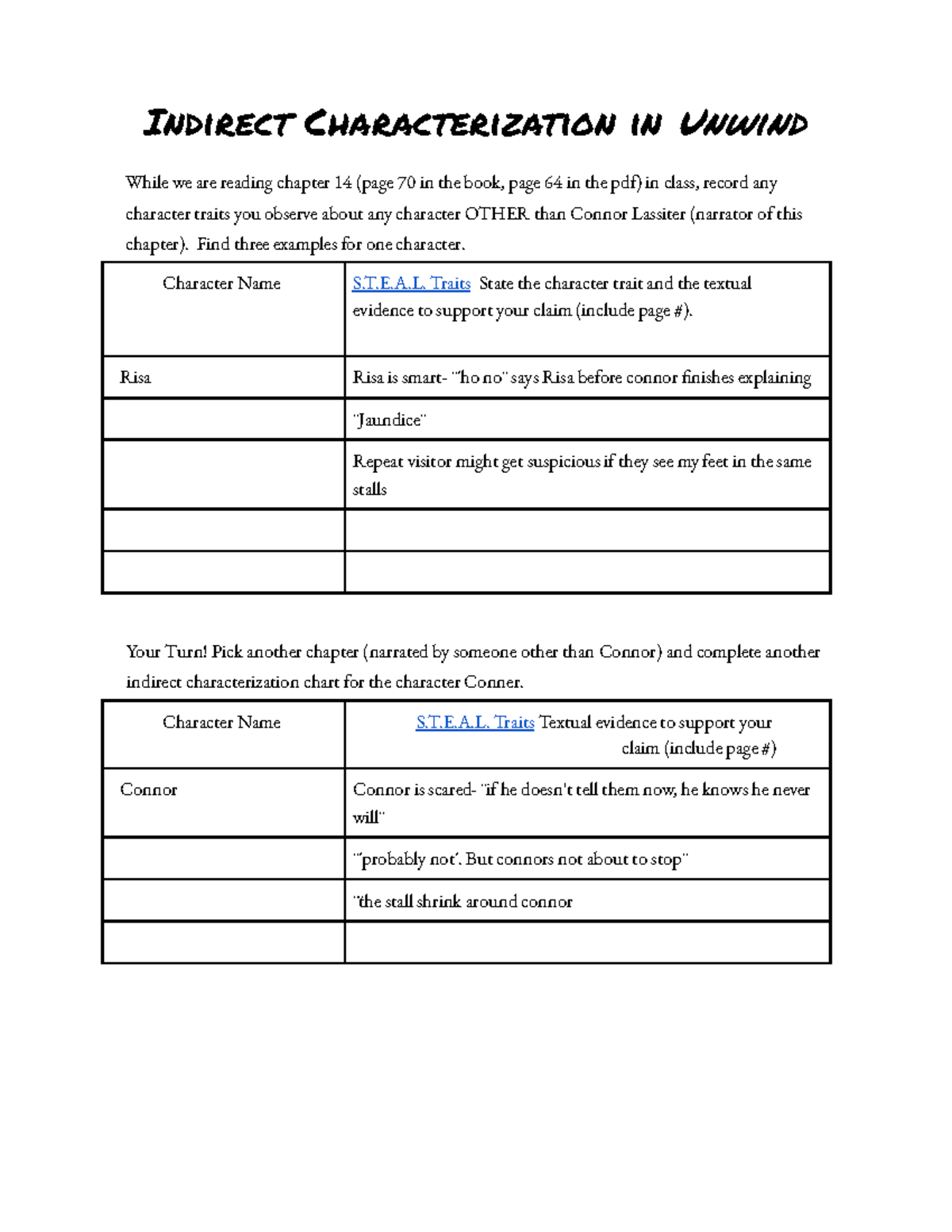 Copy of Unwind Indirect Characterization Read Along Graphic Organizer ...
