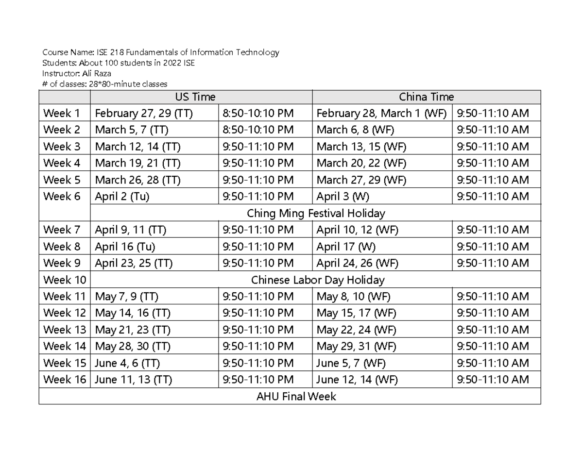 1 Timetable ISE 218 - Course Name: ISE 218 Fundamentals of Information ...