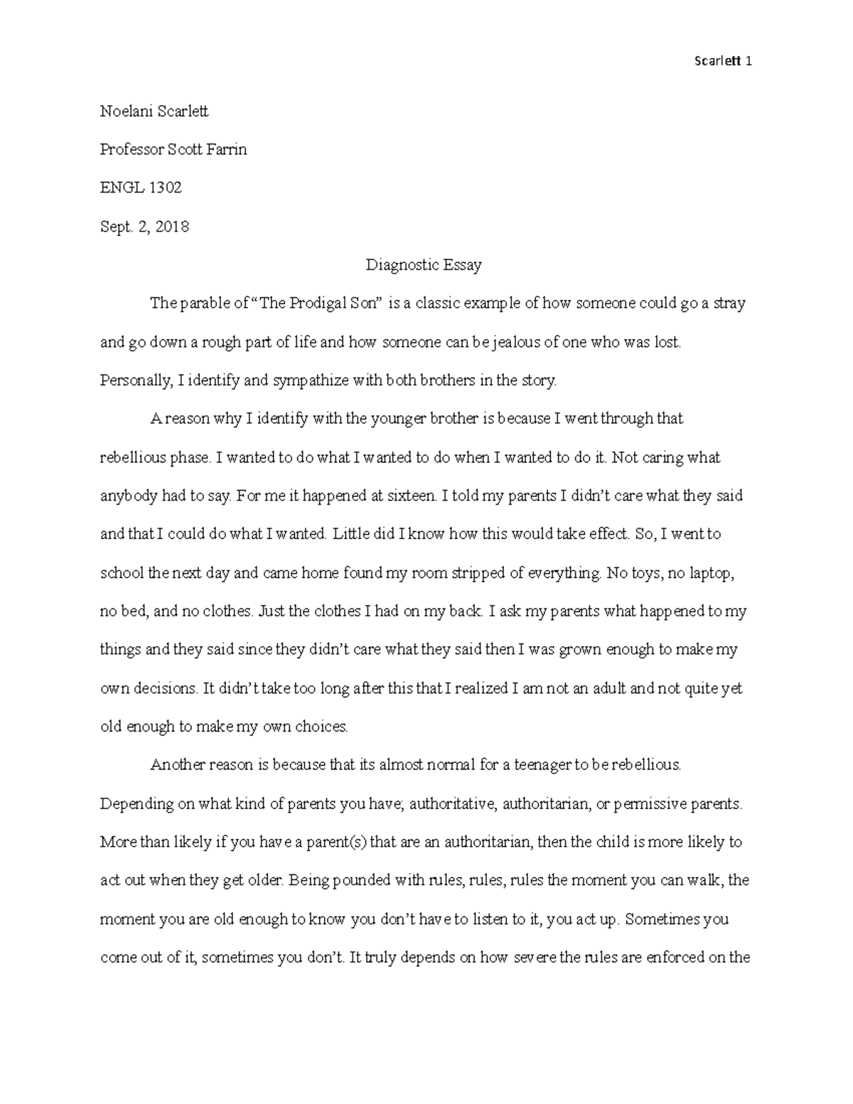 Diagnsotic essay - coursework - Scarlett 1 Noelani Scarlett Professor ...