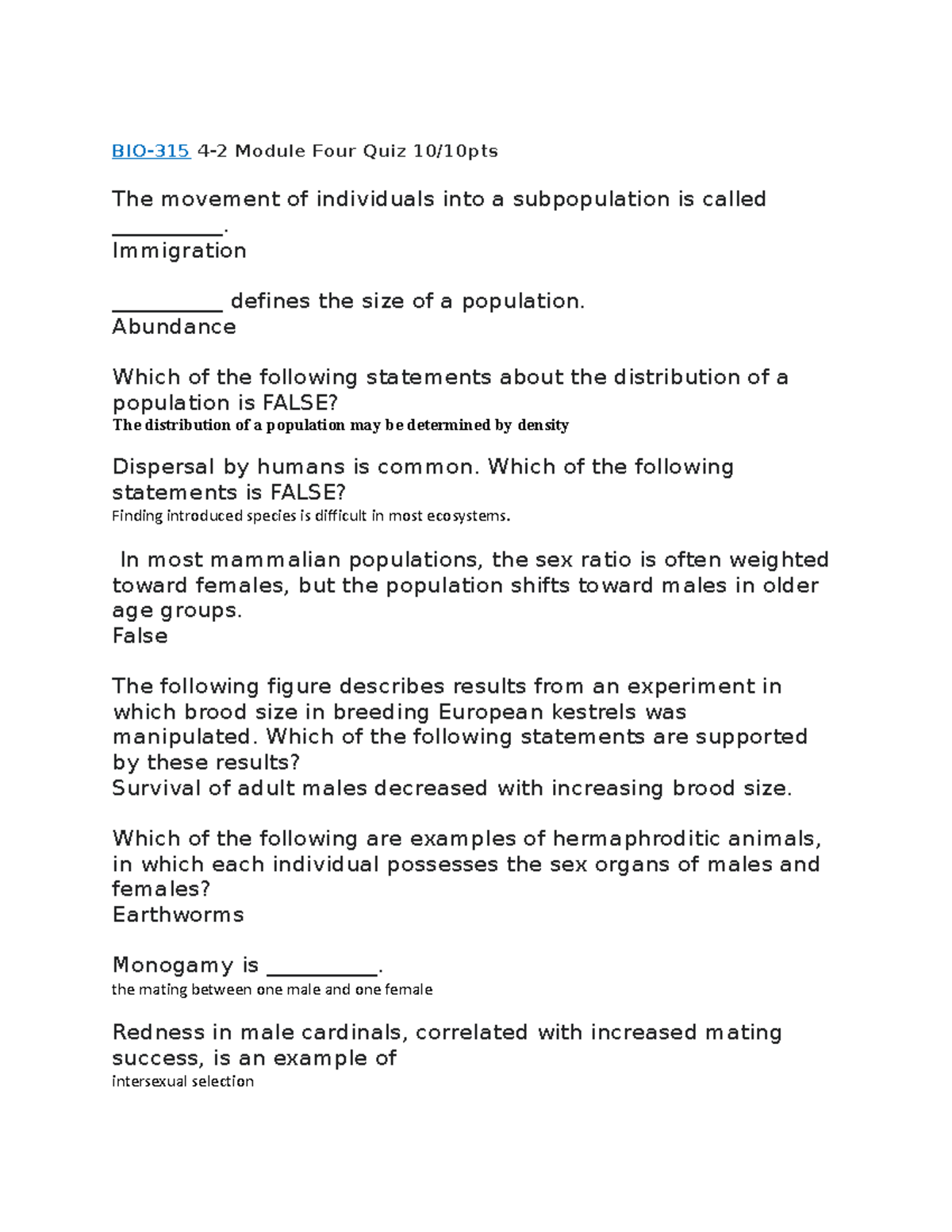 BIO 315 4-2 Quiz - Mod 4 Quiz - BIO-315 4-2 Module Four Quiz 10/10pts ...
