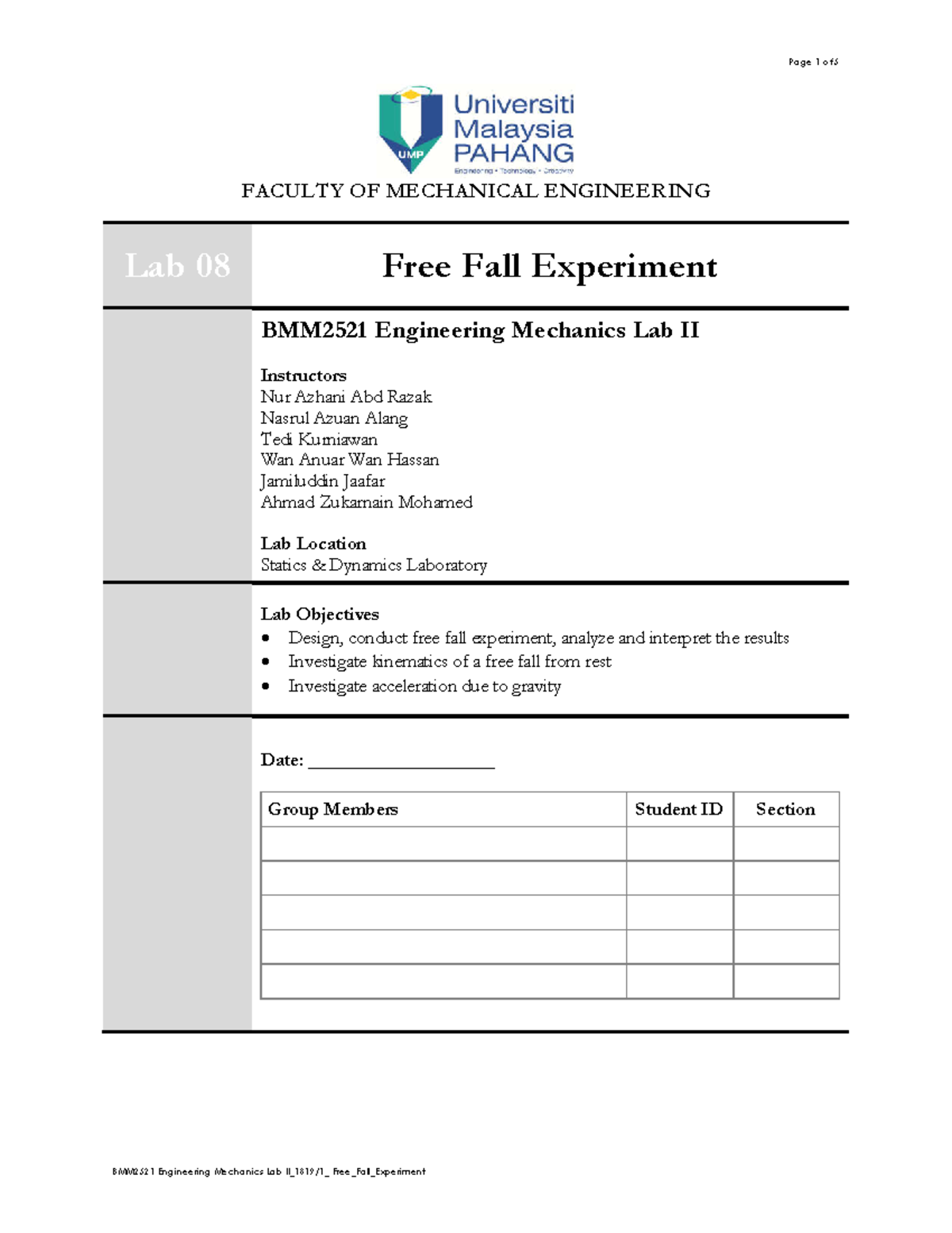8 Free Fall Experiment - Page 1 of 5 FACULTY OF MECHANICAL ENGINEERING ...