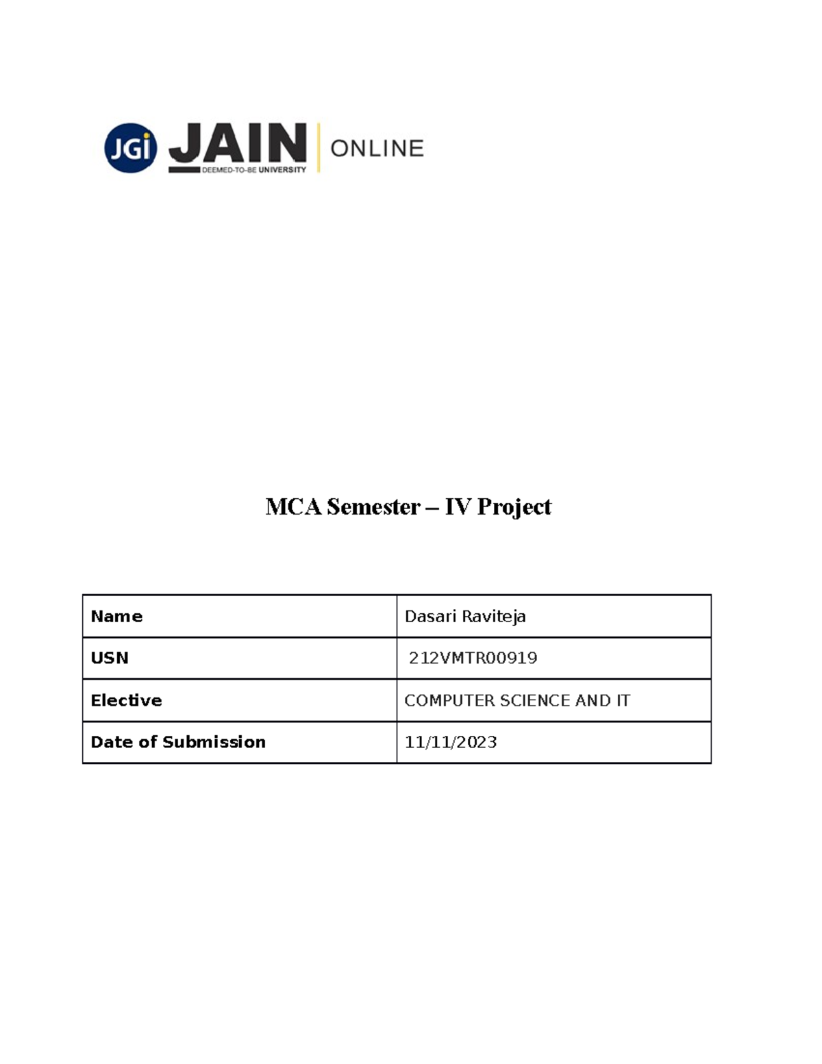 Project Report Template - MCA - MCA Semester – IV Project ####### Name ...