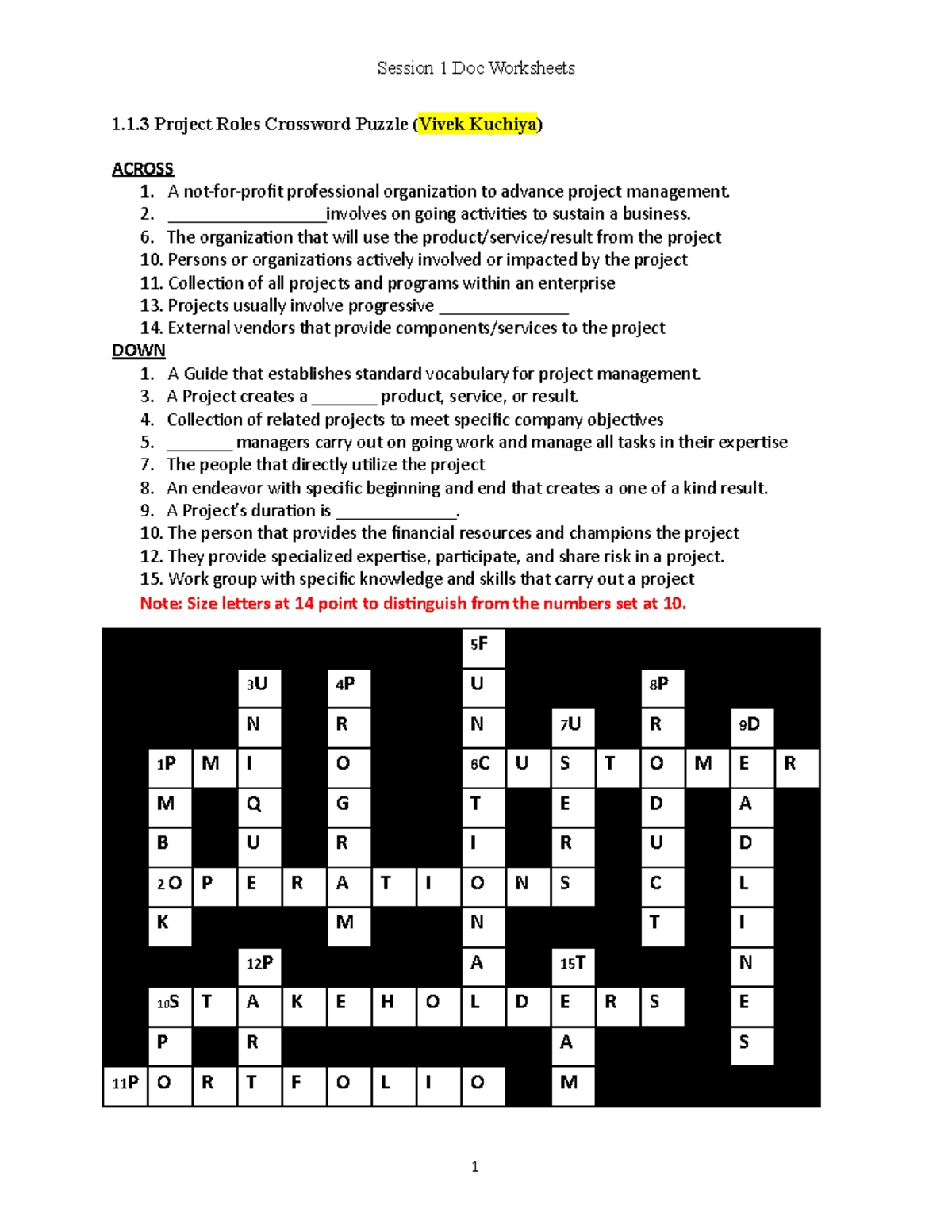 Vivek Kuchiya Crossword Puzzle Docs WS - Session 1 Doc Worksheets 1.1 Project Roles Crossword ...