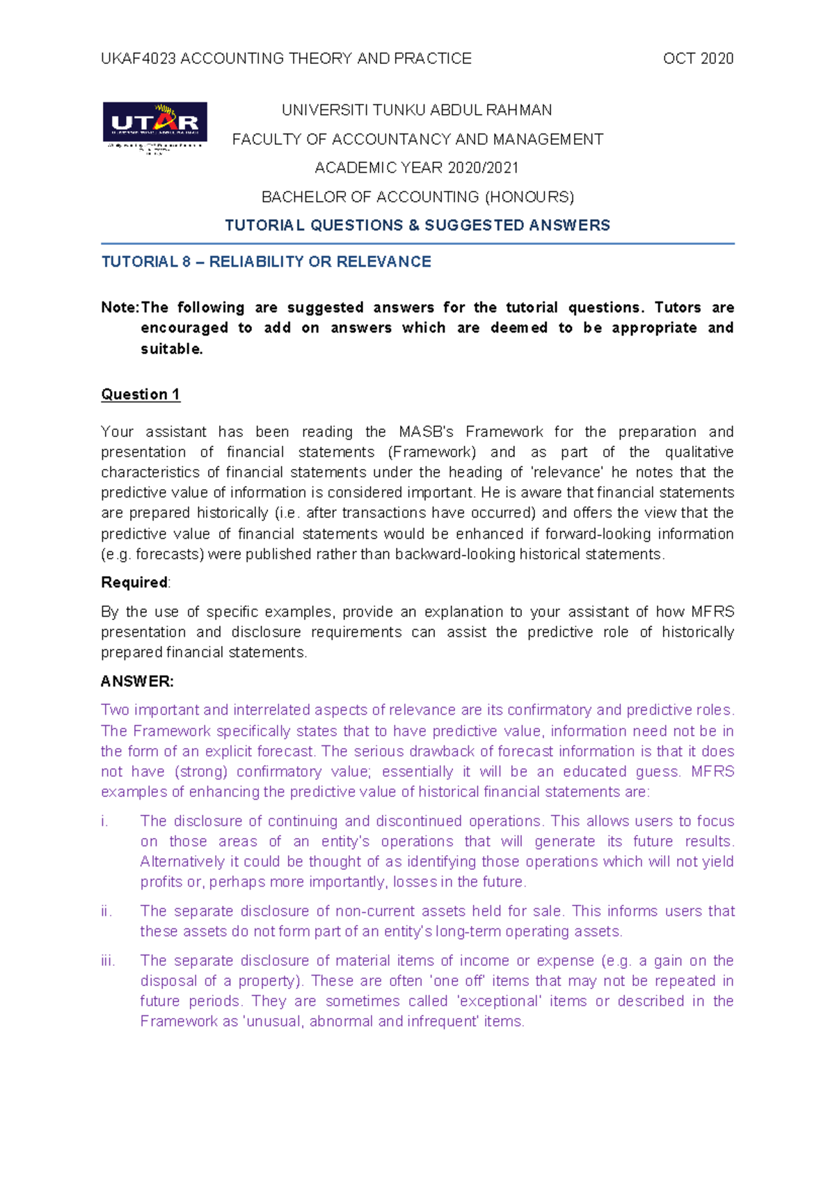 Tutorial 8 - Reliability or Relevance - UKAF4023 ACCOUNTING THEORY AND ...