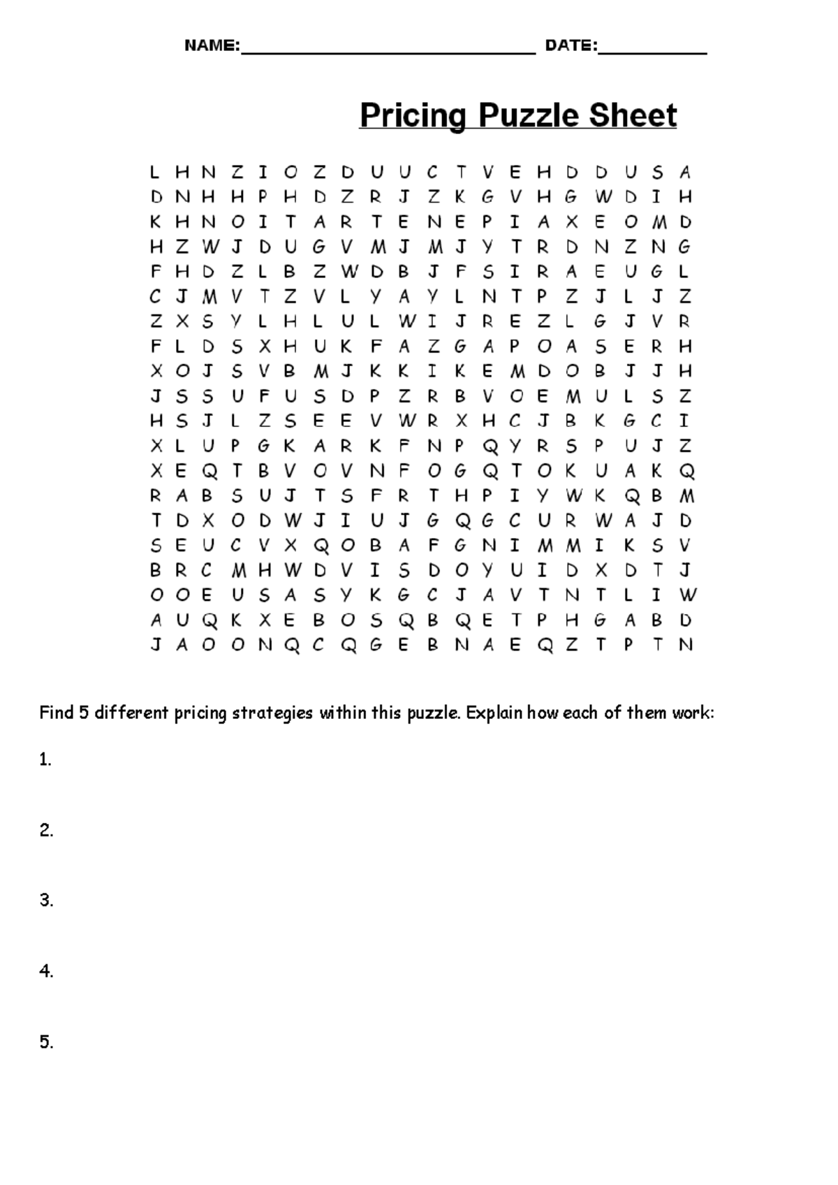 Pricing wordsearch - Fundamental of Marketing - Find 5 different ...