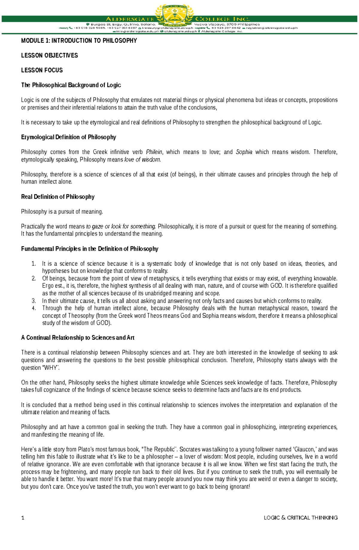 Module-1 - INTRODUCTION TO PHILOSOPHY - MODULE 1: INTRODUCTION TO PHILOSOPHY LESSON OBJECTIVES ...