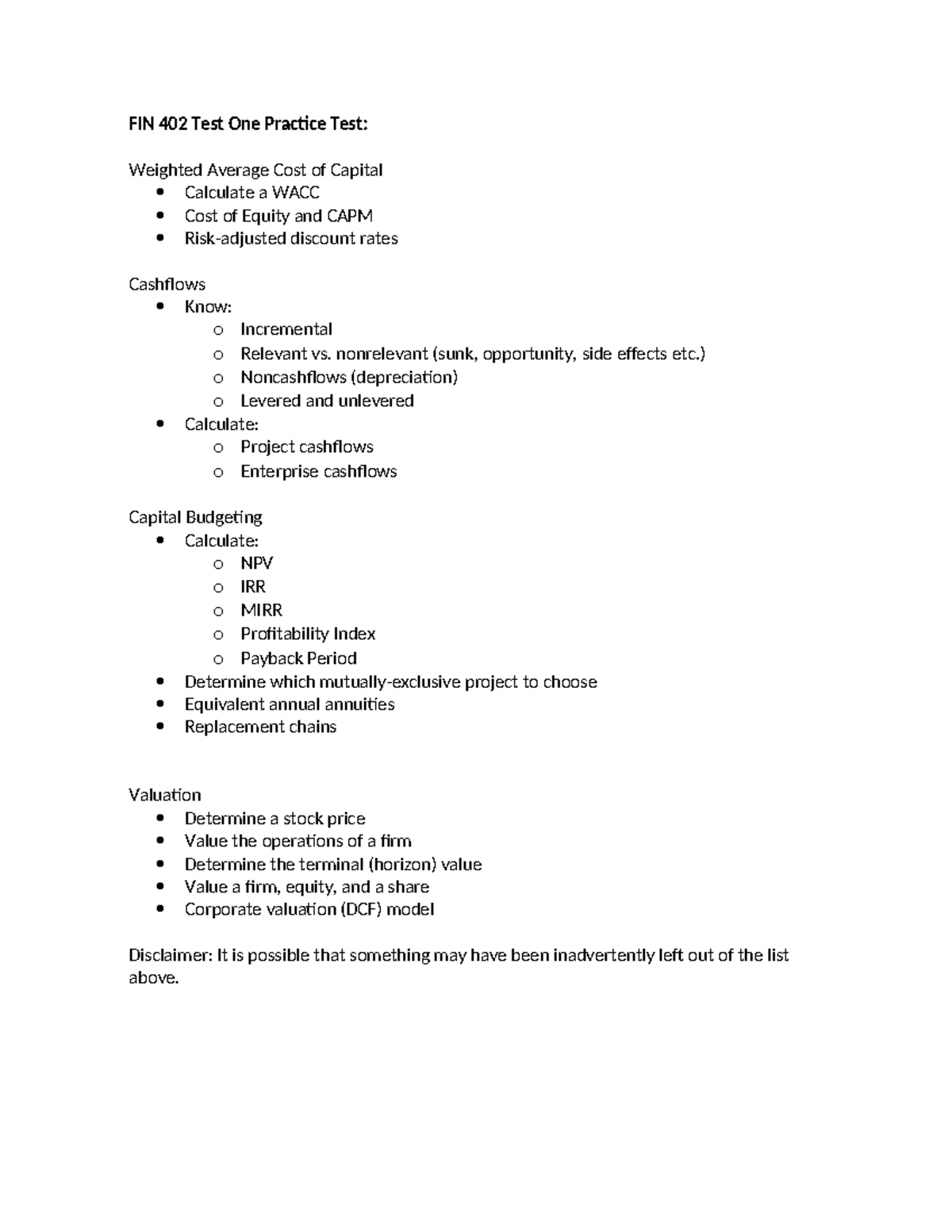Exam 1 practice - FIN 402 Test One Practice Test: Weighted Average Cost ...