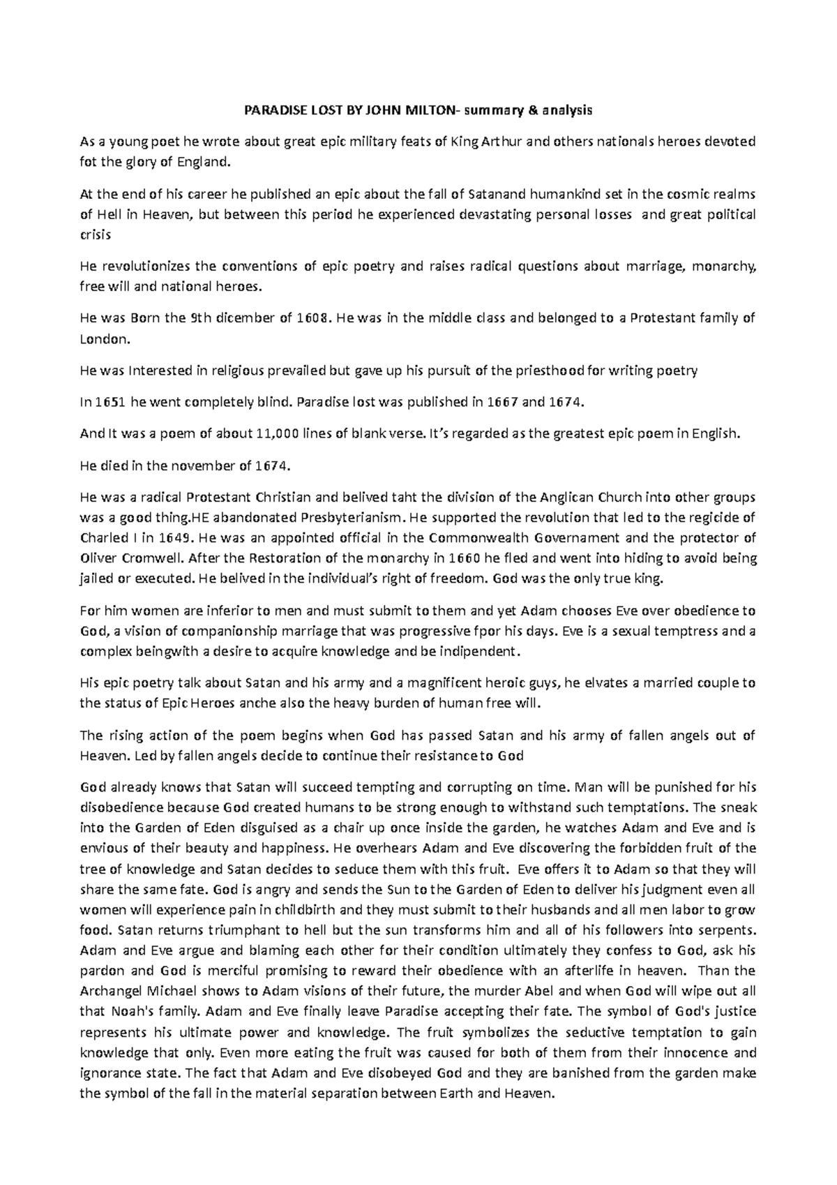 Paradise LOST BY JOHN Milton- summary and analysis - PARADISE LOST BY ...