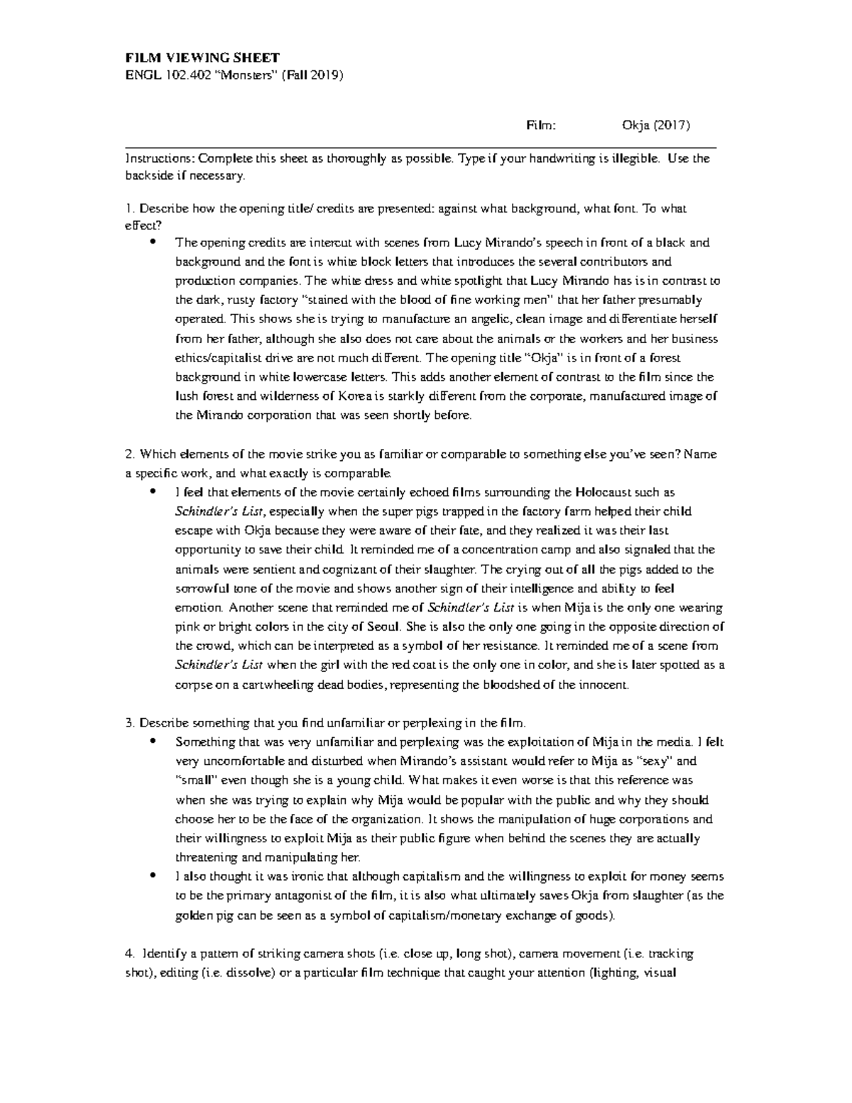 Monsters Film Sheet 5 2019 - FILM VIEWING SHEET ENGL 102 “Monsters ...