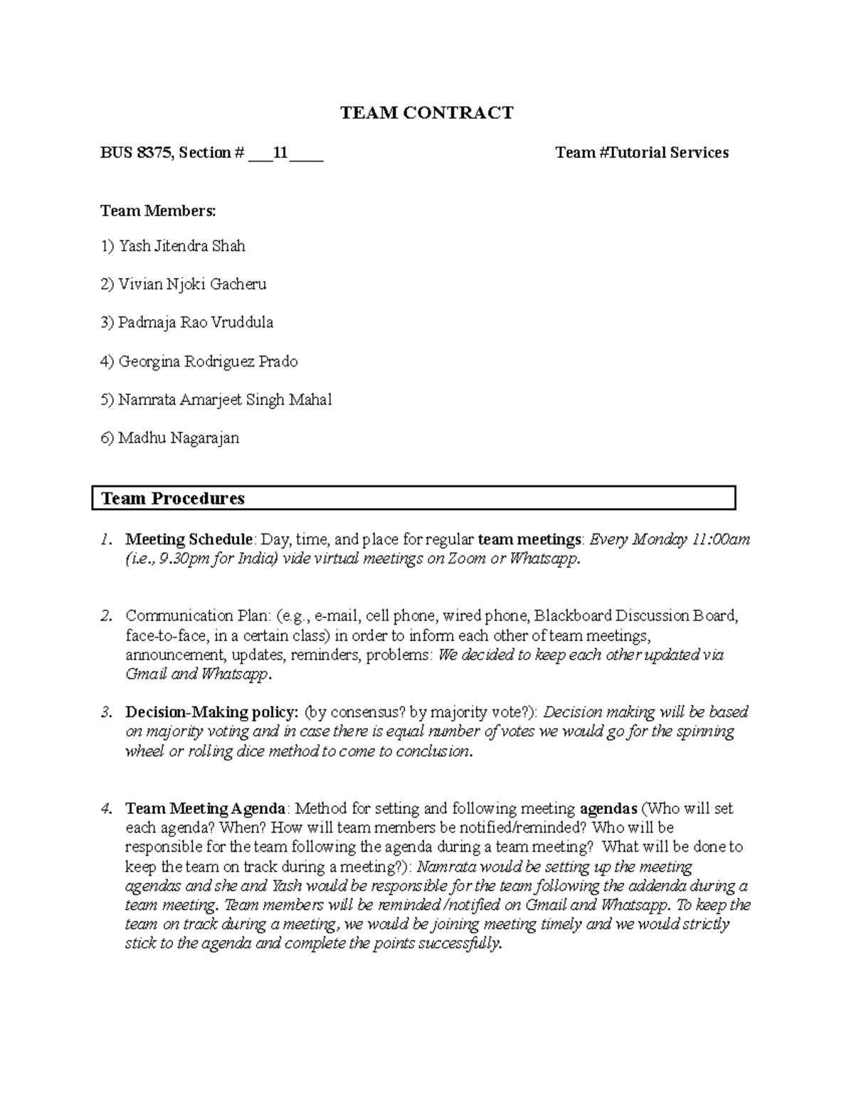 BUS 8375 Team Contract- Tutorial Services Team - TEAM CONTRACT BUS 8375 ...