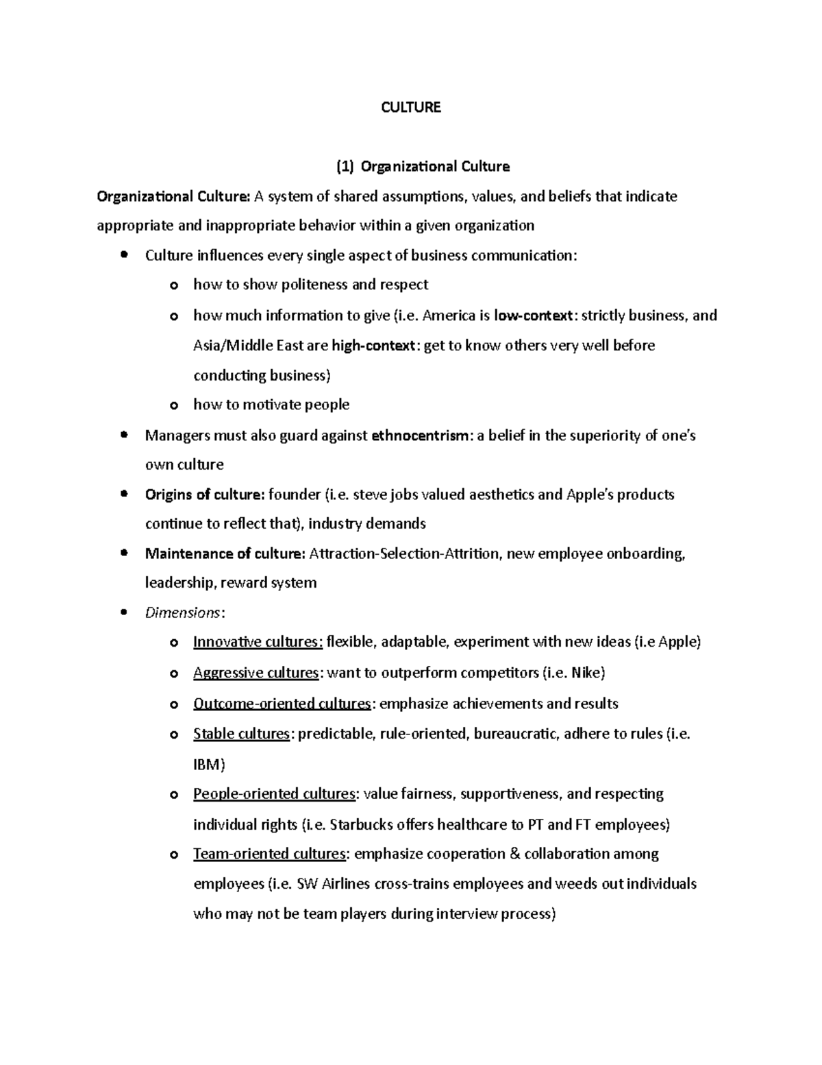 Management Test 2 Study Guide - CULTURE (1) Organizational Culture ...