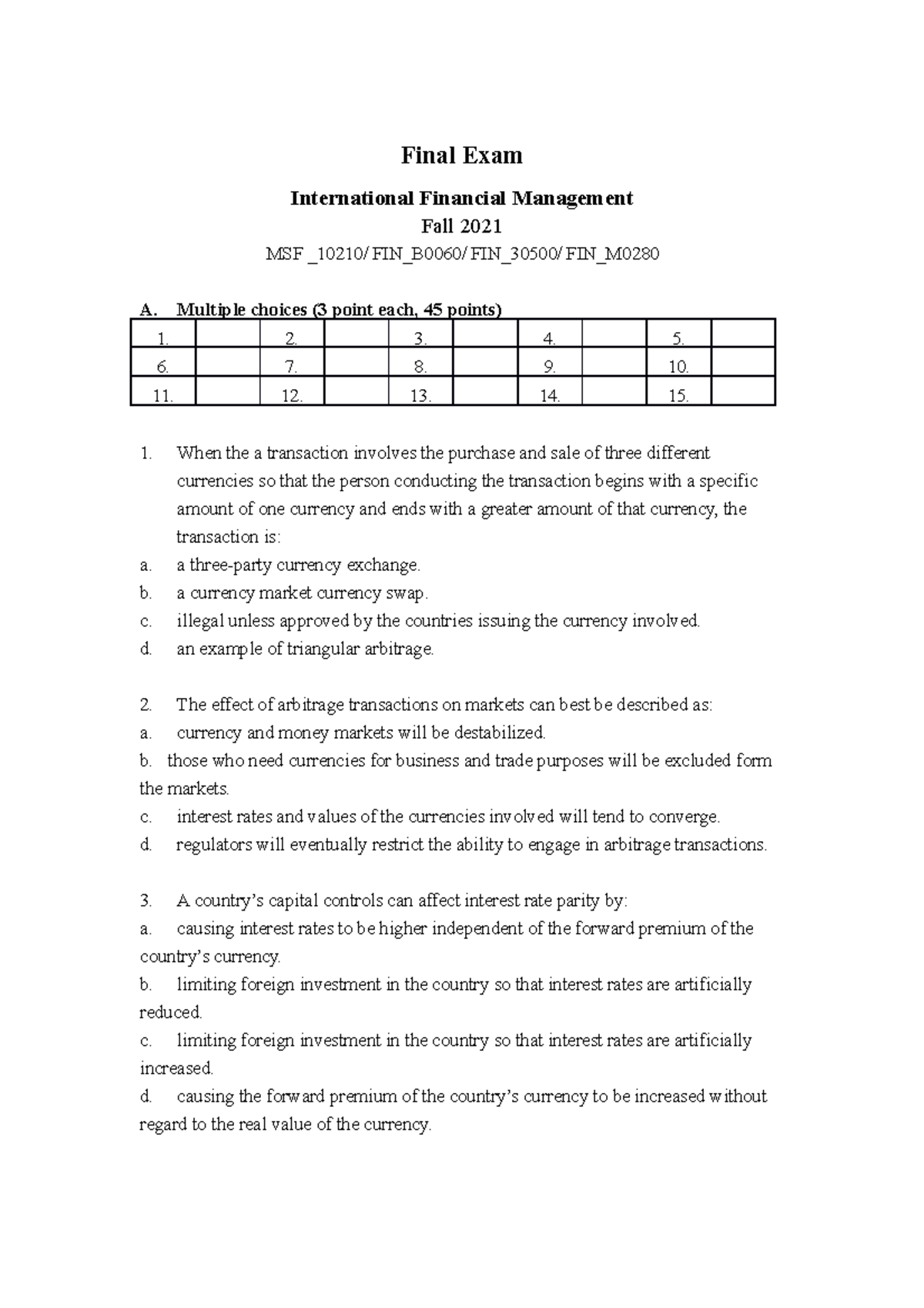 IFM000000000000 - Final Exam International Financial Management Fall ...