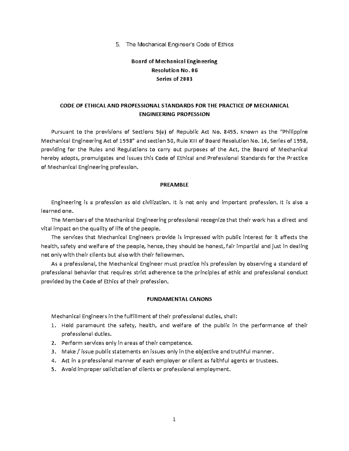 Code of ethics psme - Lecture 1 - The Mechanical Engineer’s Code of ...