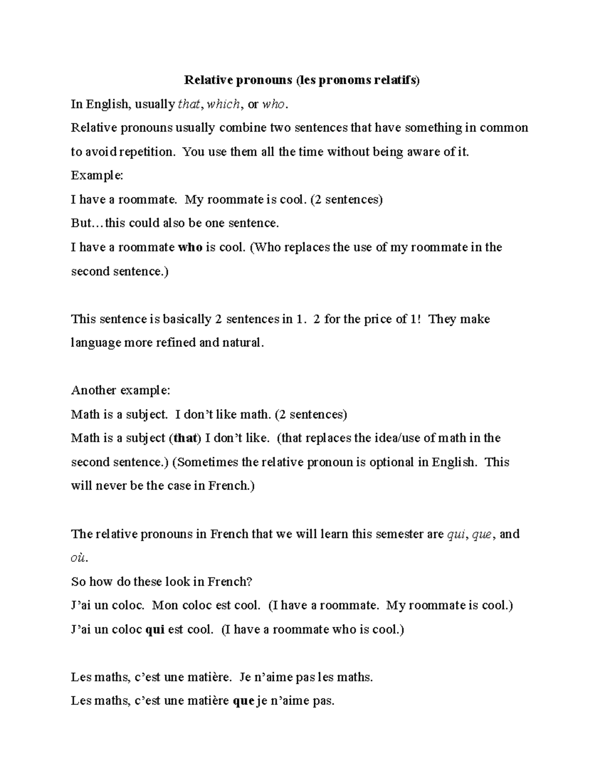 Elementary French 2 Relative pronoun document - Relative pronouns (les ...