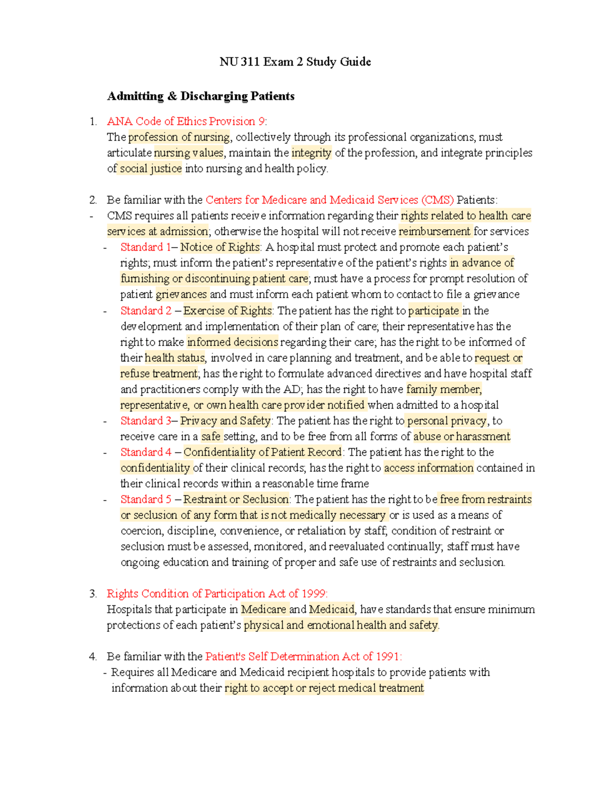 Exam 2 Study Guide - NU 311 Exam 2 Study Guide Admitting & Discharging ...