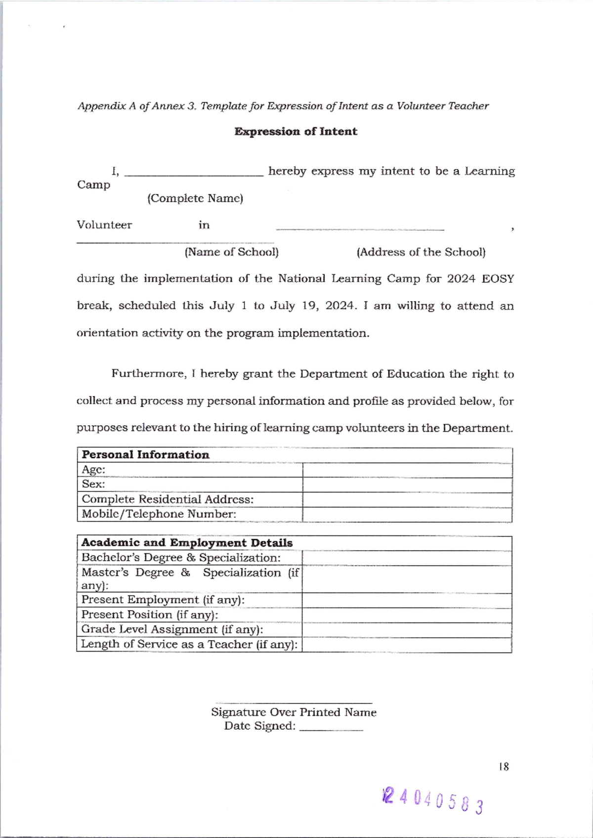 Expression of Intent Form NLC - Appendix A of Annex 3. Template for ...