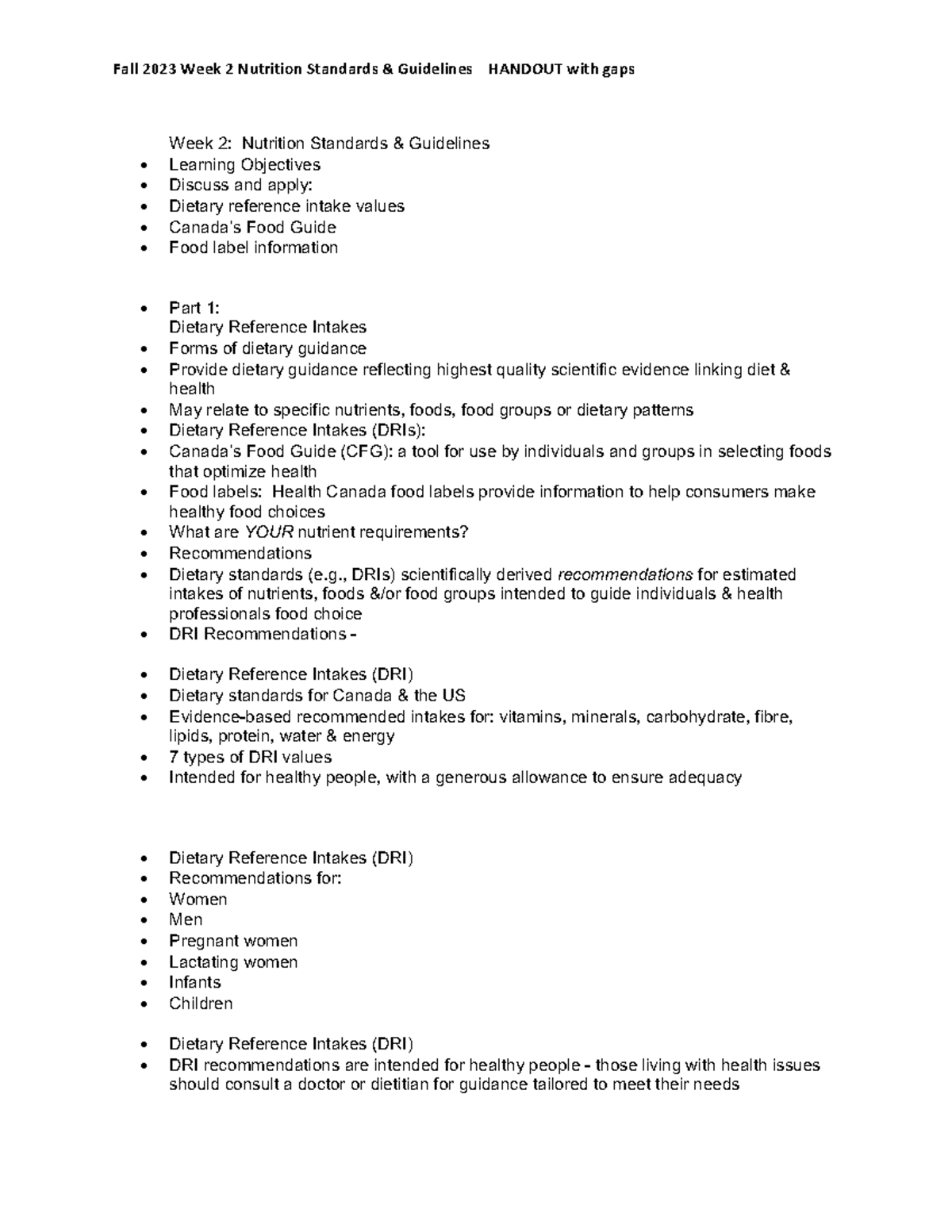 Fall 2023 Week 2 Dietary standards Handout with gaps - Week 2 ...