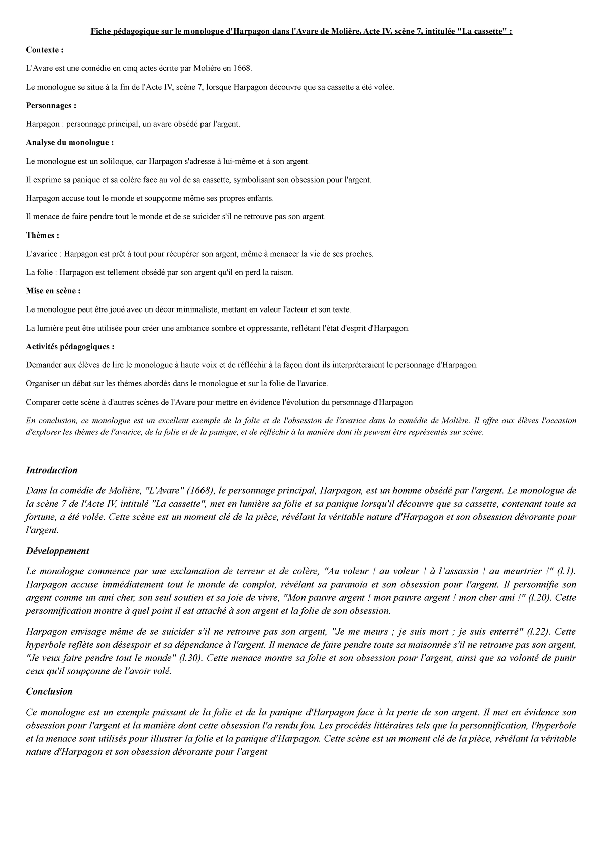 Fiche pédagogique du monolgue d'Harpagon - Le monologue se situe à la ...