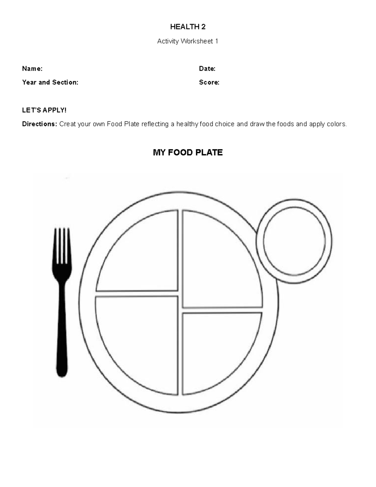 Food plate worksheet - Bachelor of Elementary Education - HEALTH 2 ...