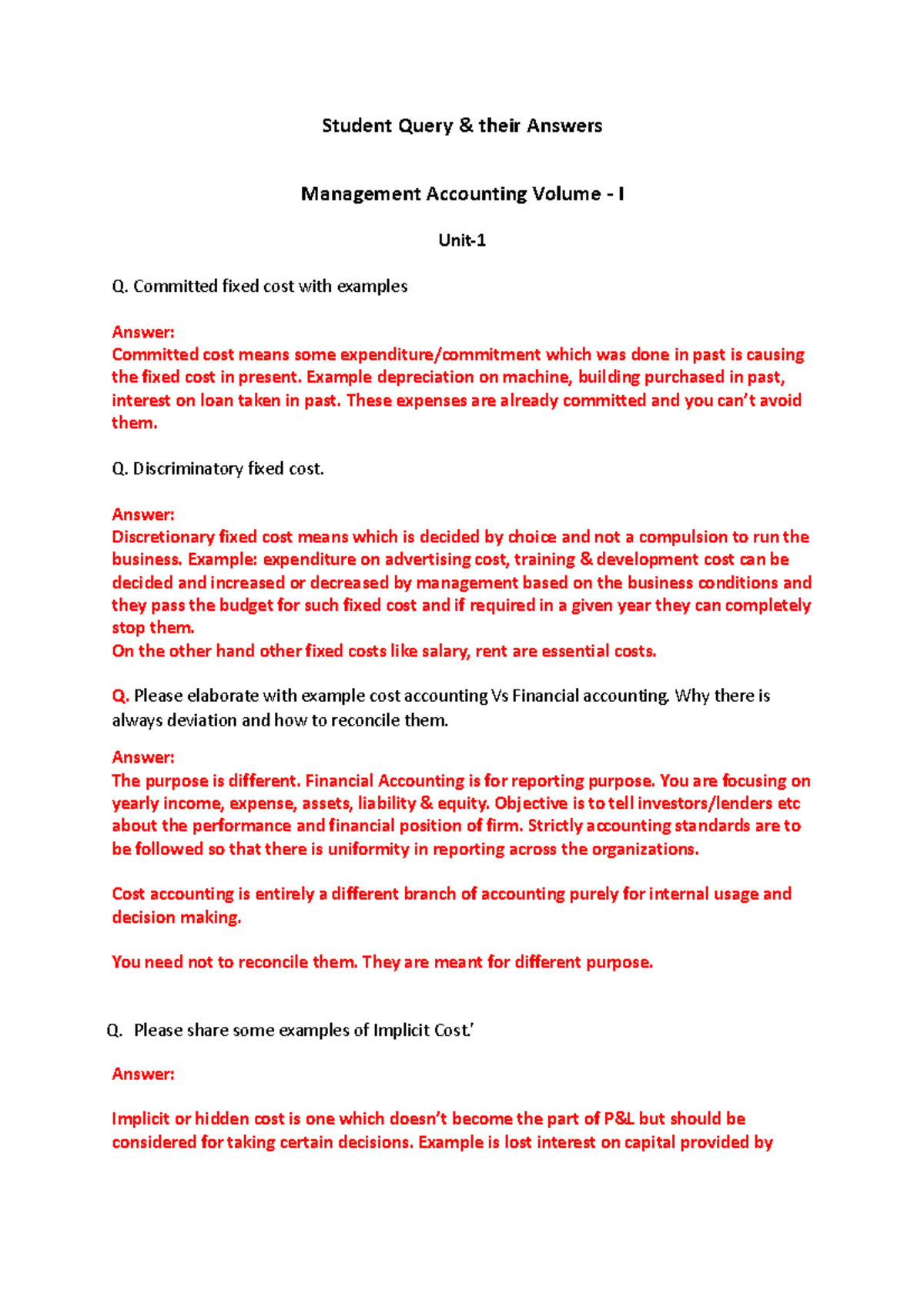 Management Accounting Student Query Answers - Student Query & their ...
