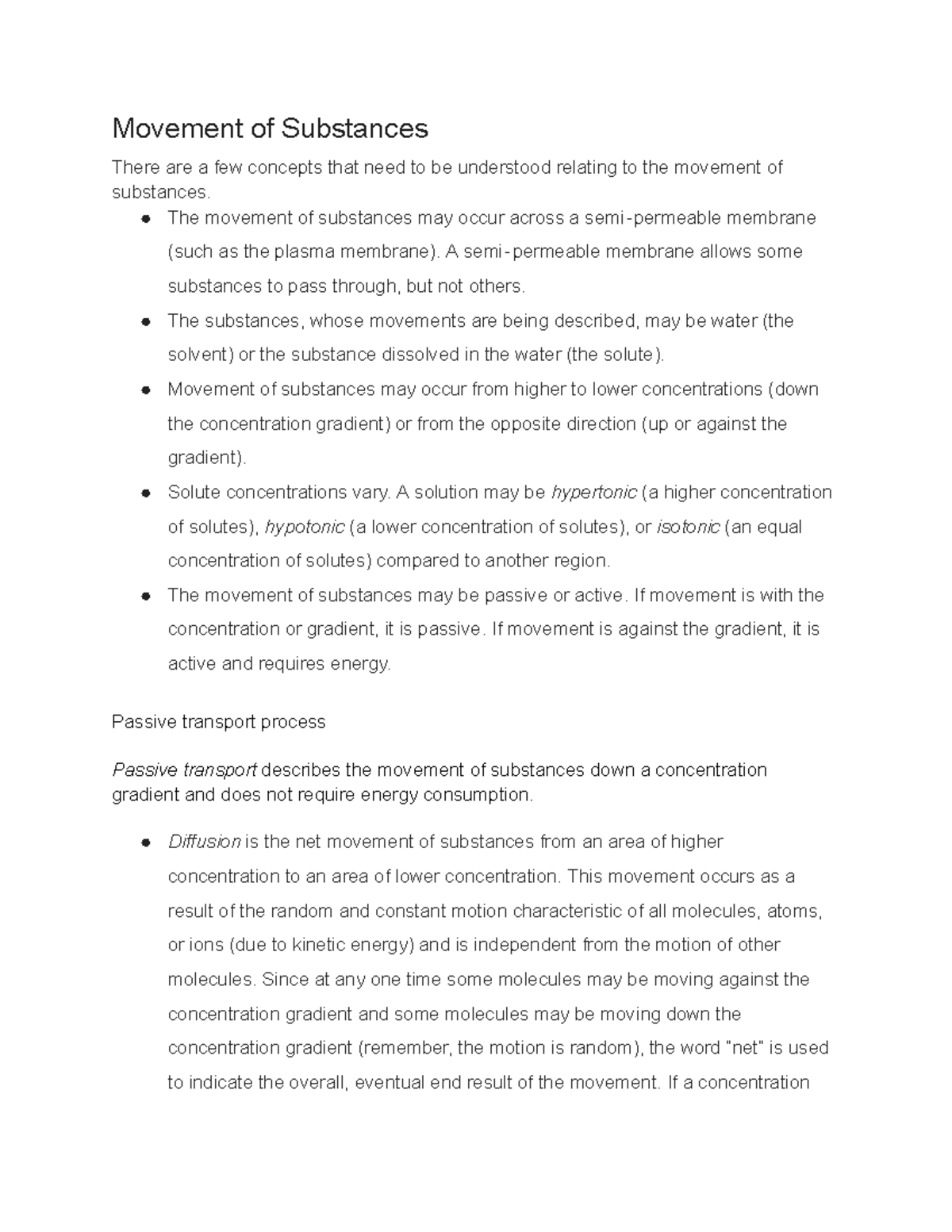 Movement of Substances - Movement of Substances There are a few ...