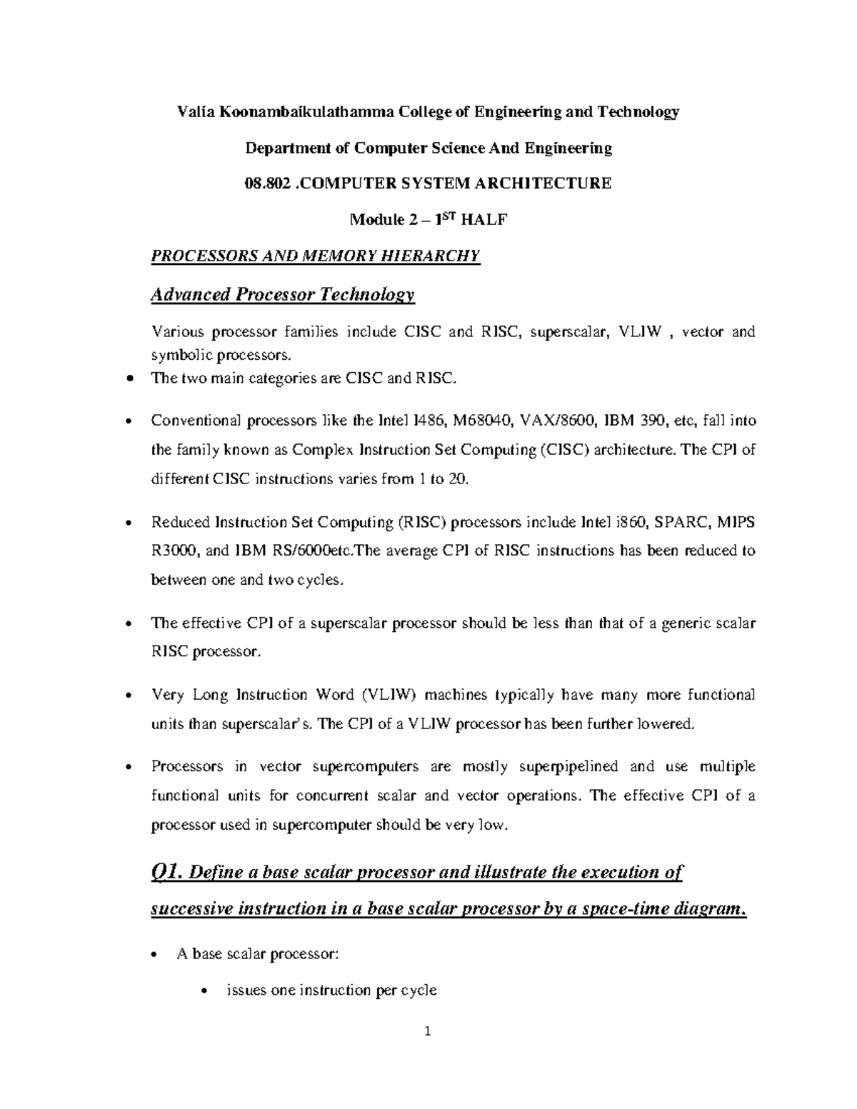 Csa Module 2 1 3 Semester Notes Of Csa Valia Koonambaikulathamma College Of Engineering And
