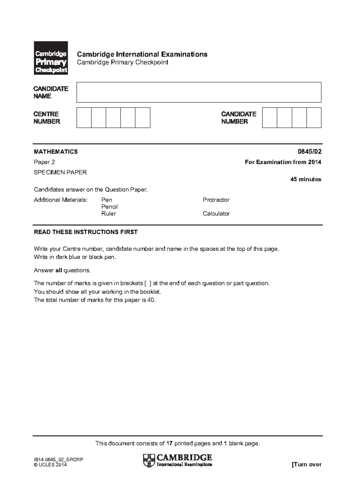 Primary Checkpoint Math 0845 Specimen 2014 Paper 2 - This document ...
