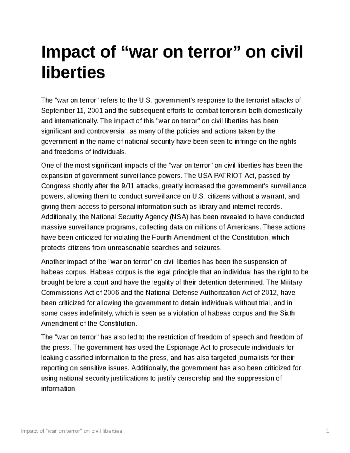 Impact of war on terror on civil liberties - government's response to ...
