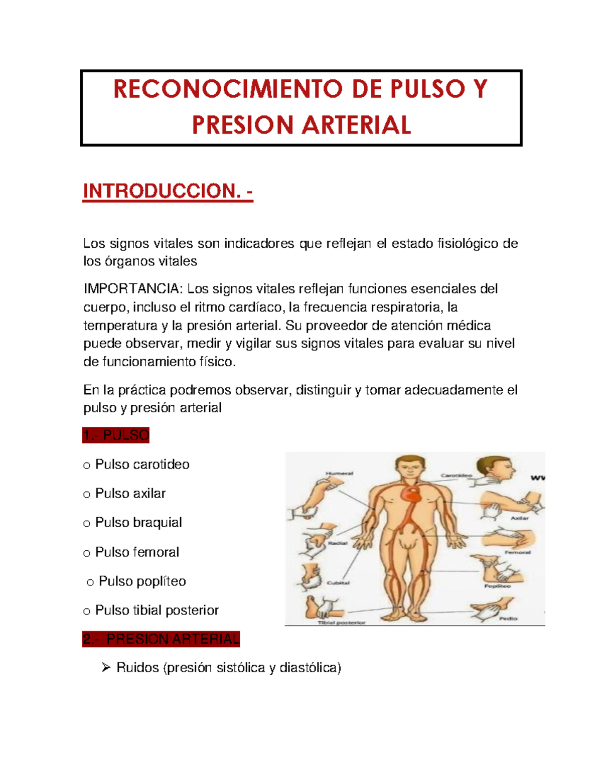 Reconocimiento DE Pulso Y Presion Arterial - RECONOCIMIENTO DE PULSO Y ...