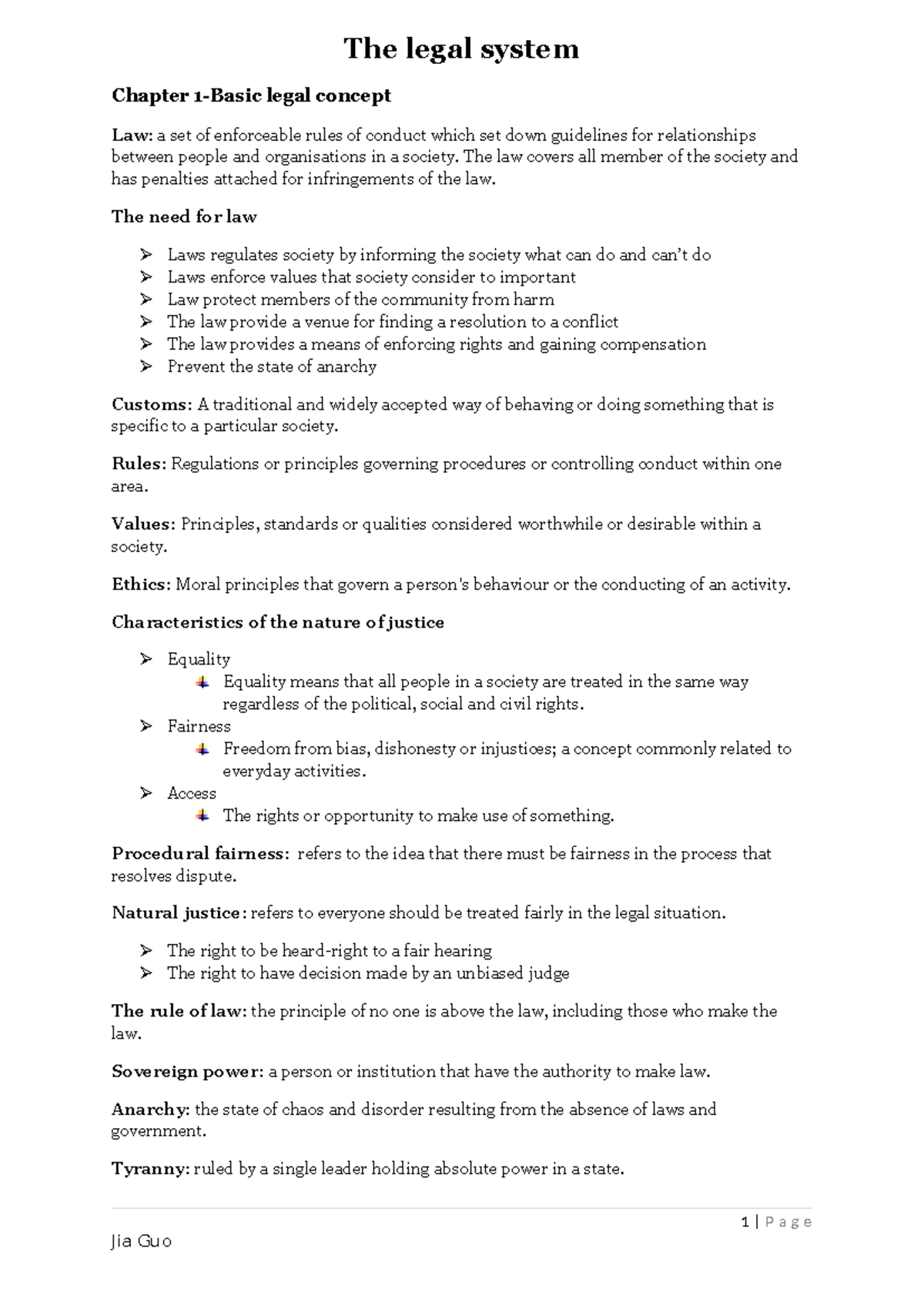 Full Course Notes (Jia) - The legal system Chapter 1-Basic legal ...