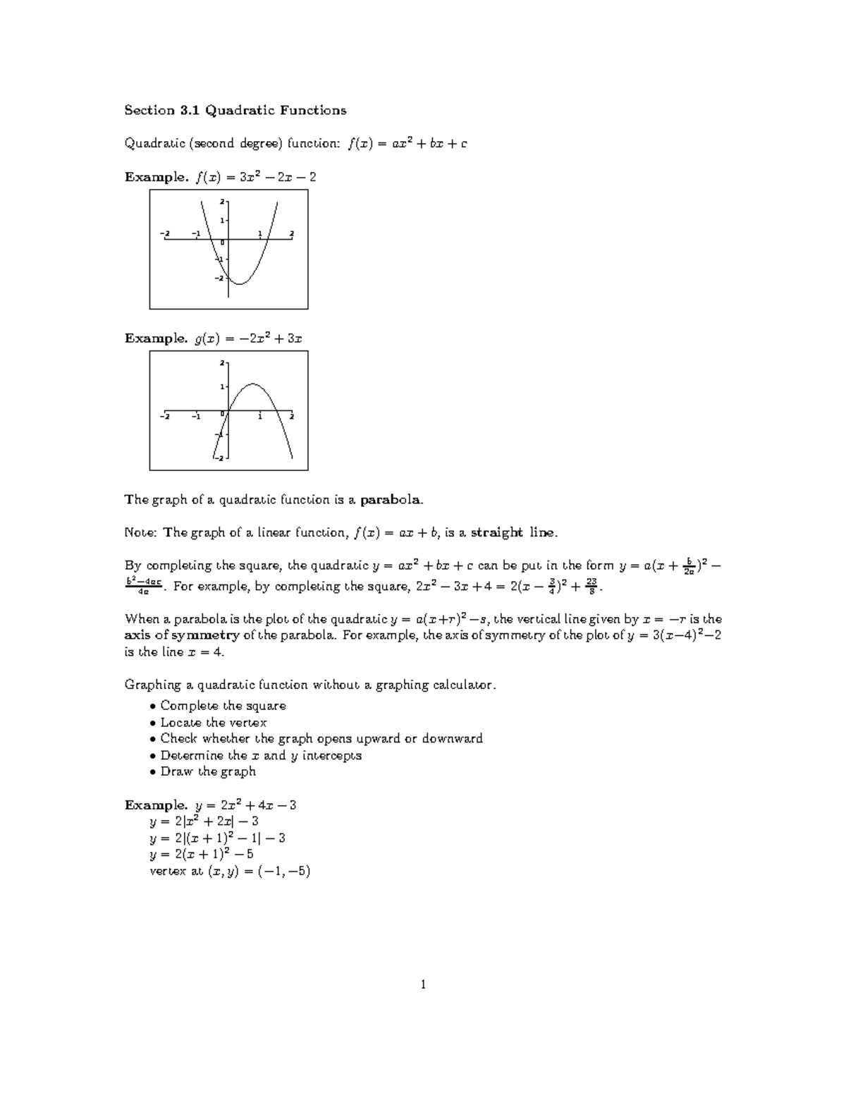 1. ss 3 1 - Notes - Section 3 Quadratic Functions Quadratic (second ...