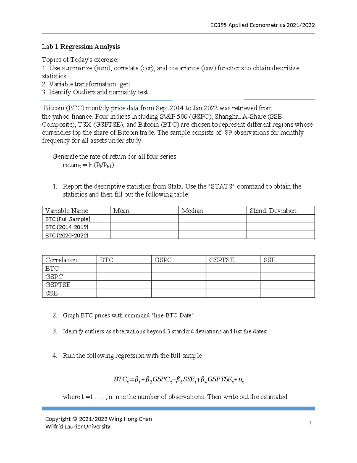Lab 1 Regression And Outliers Ec395 Applied Econometrics 2021 Lab 1 Regression Analysis