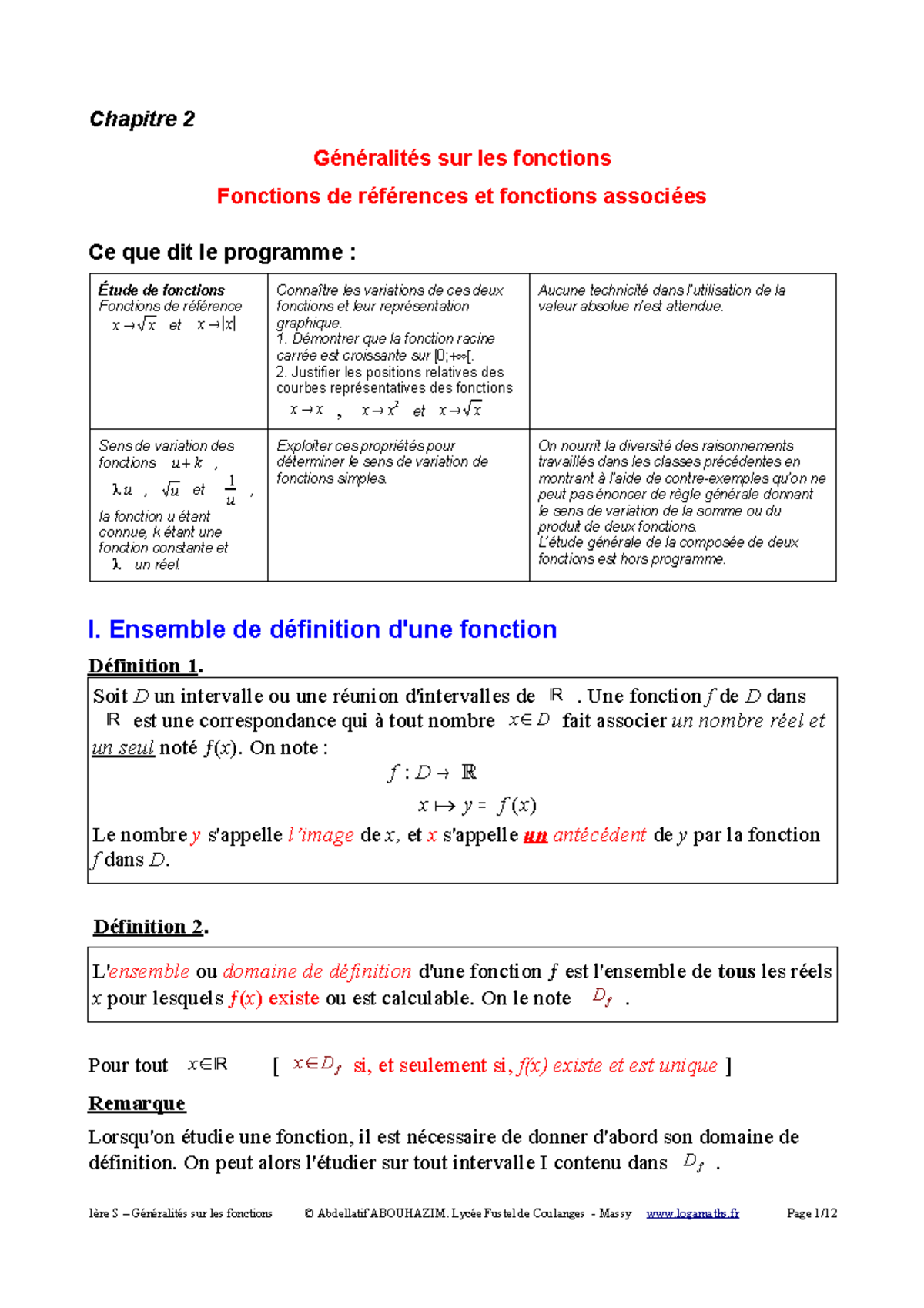 I. Ensemble de définition d'une fonction - Chapitre 2 Généralités sur les fonctions Fonctions de ...