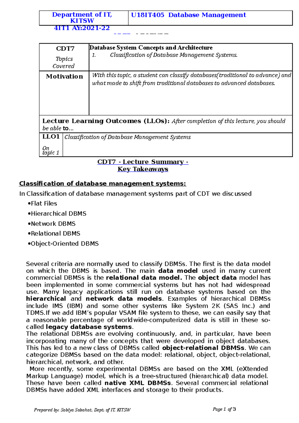 CDT7 Summary 4IT1-DBMS 2021-22 - KITSW 4IT1 AY:2021- CDT7- LECTURE ...