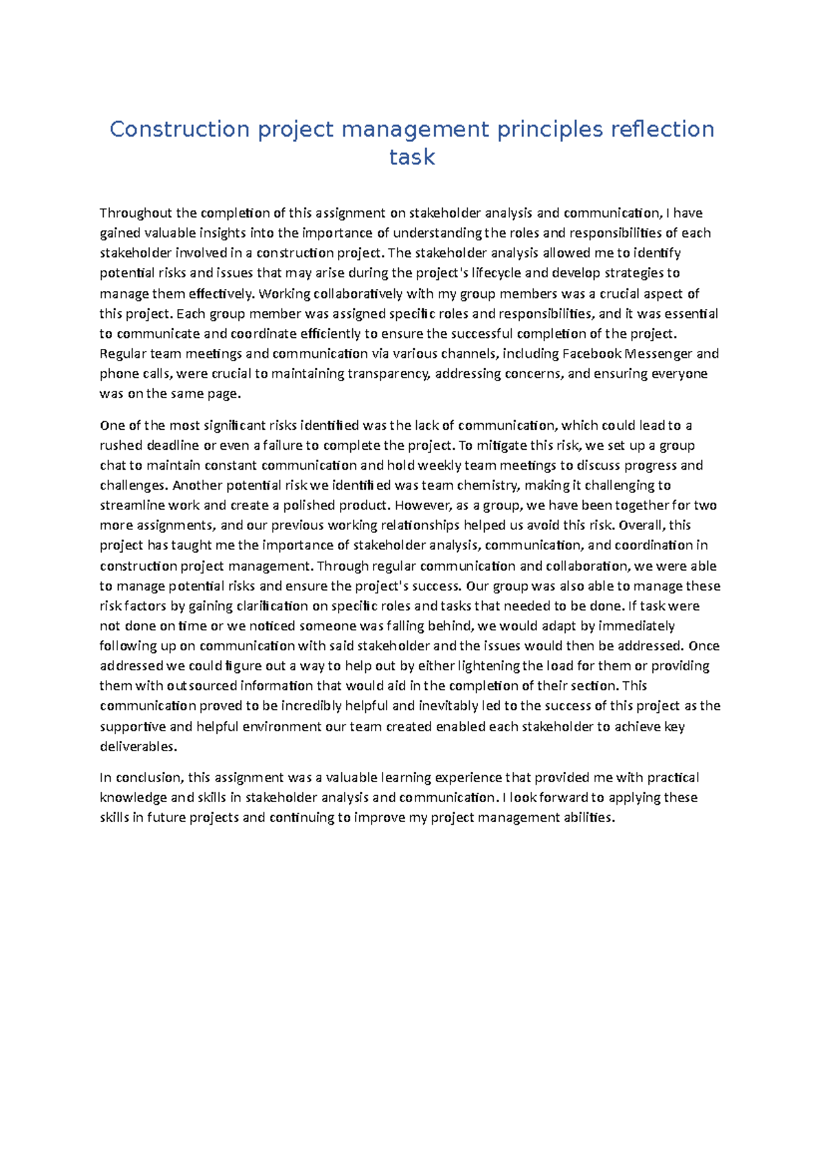 CPMP Reflection task - Construction project management principles ...