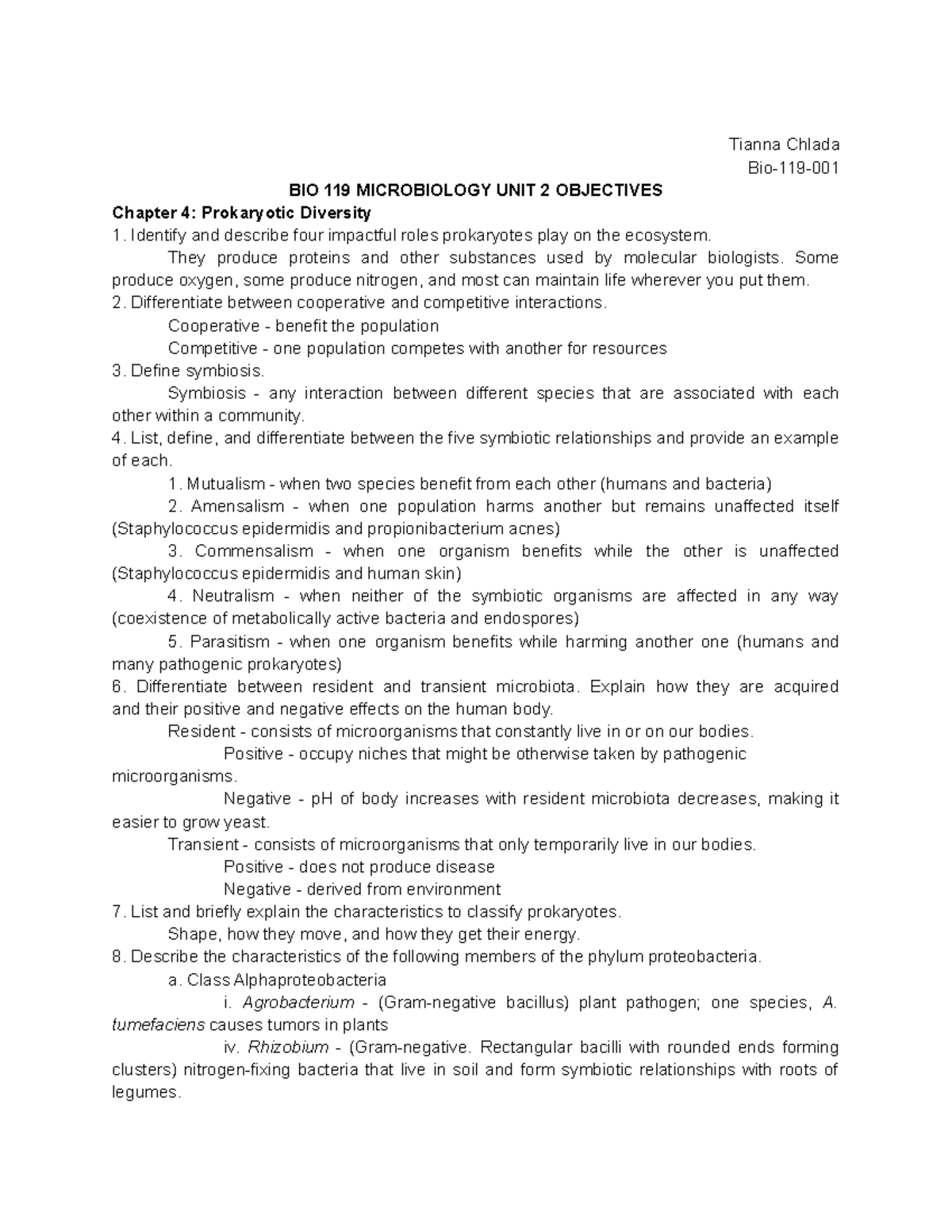 Bio119 unit 2 objectives - Tianna Chlada Bio-119- BIO 119 MICROBIOLOGY ...