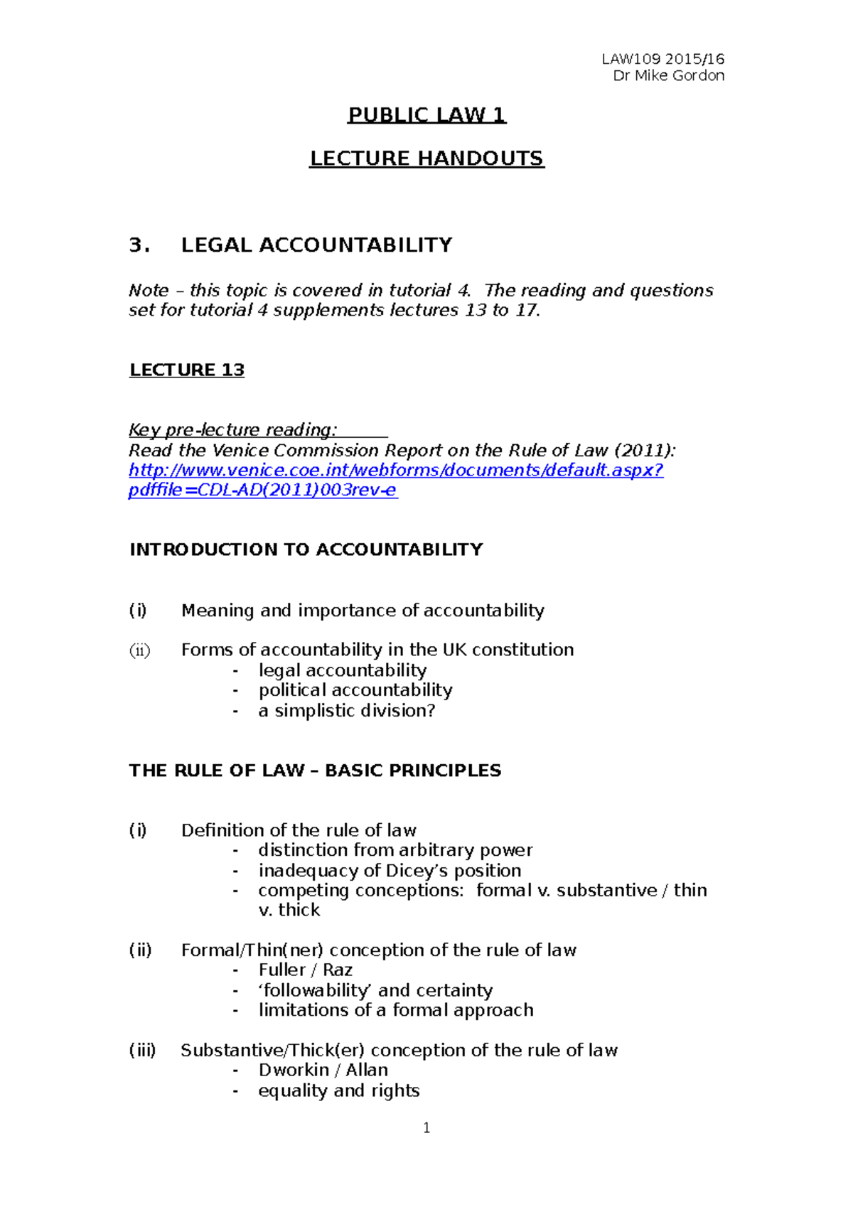 Legal Accountability lecture handout - Dr Mike Gordon PUBLIC LAW 1 LECTURE HANDOUTS 3. LEGAL ...