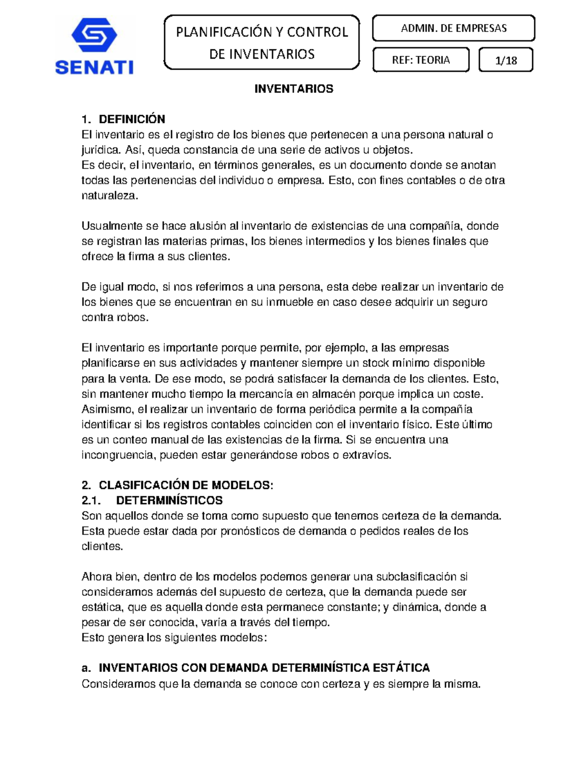 Planificación y control de inventarios. - PLANIFICACI”N Y CONTROL DE INVENTARIOS REF: TEORIA 1 ...