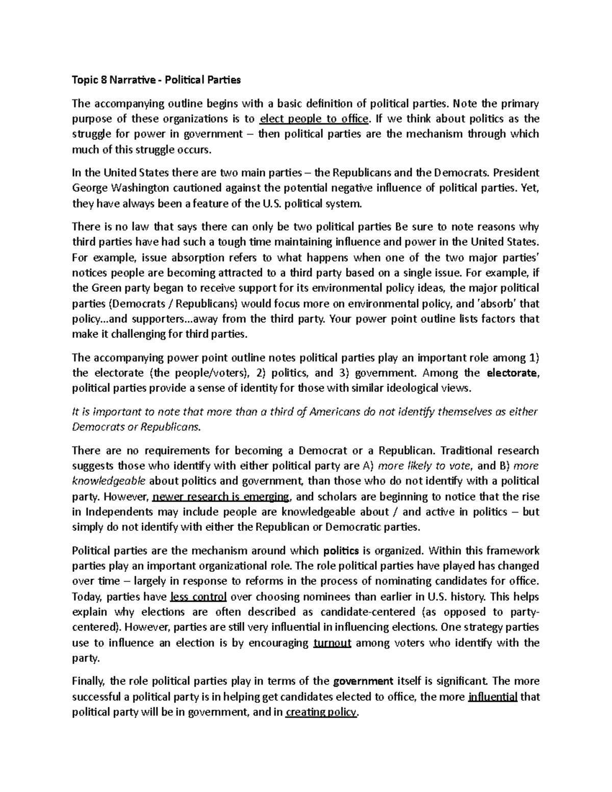 1101 Topic 8 Narrative Political Parties - Topic 8 Narrative ...