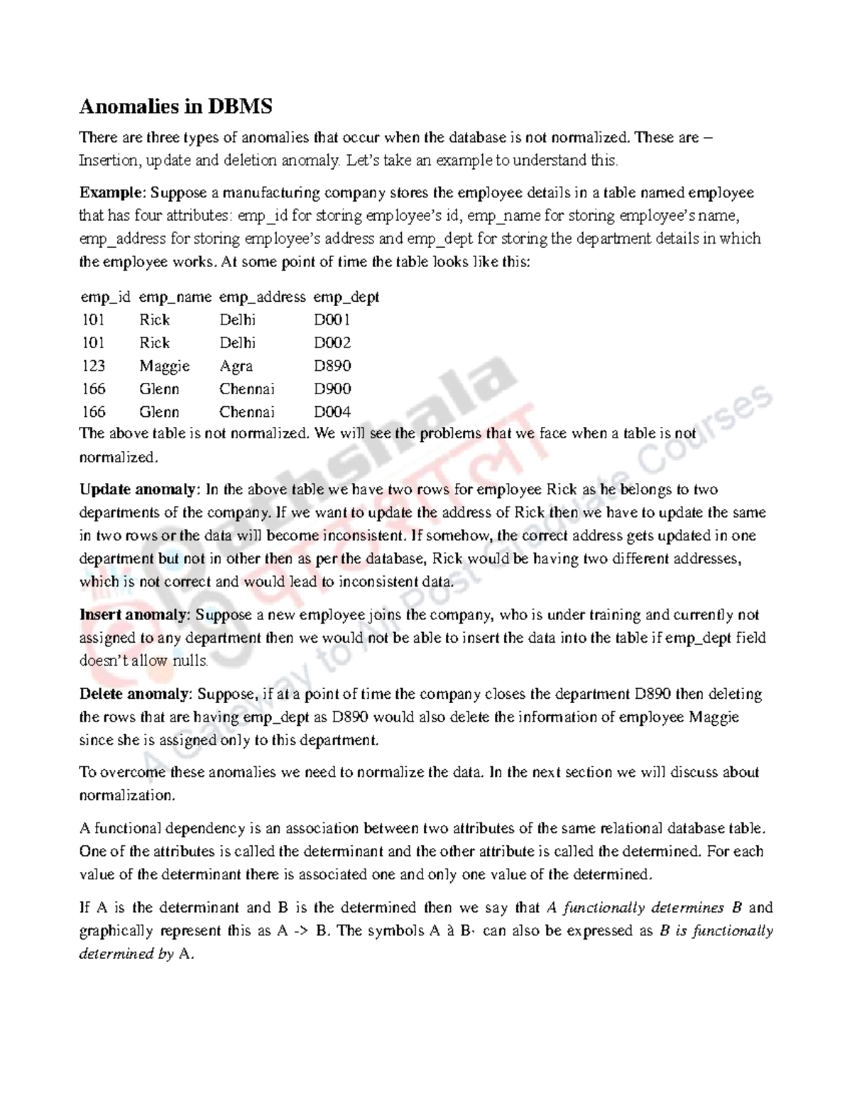 Unit 4 - nice - Anomalies in DBMS There are three types of anomalies ...