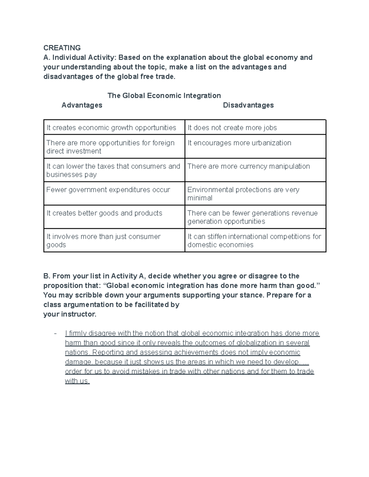 Assignment # 2 Global Economy - CREATING A. Individual Activity: Based ...