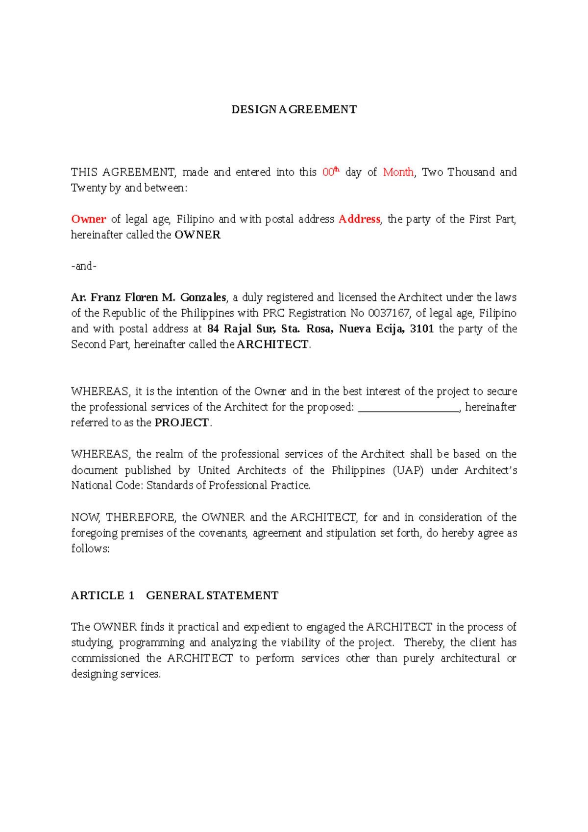 Pre Design Contract Agreement - DESIGN AGREEMENT THIS AGREEMENT, made ...