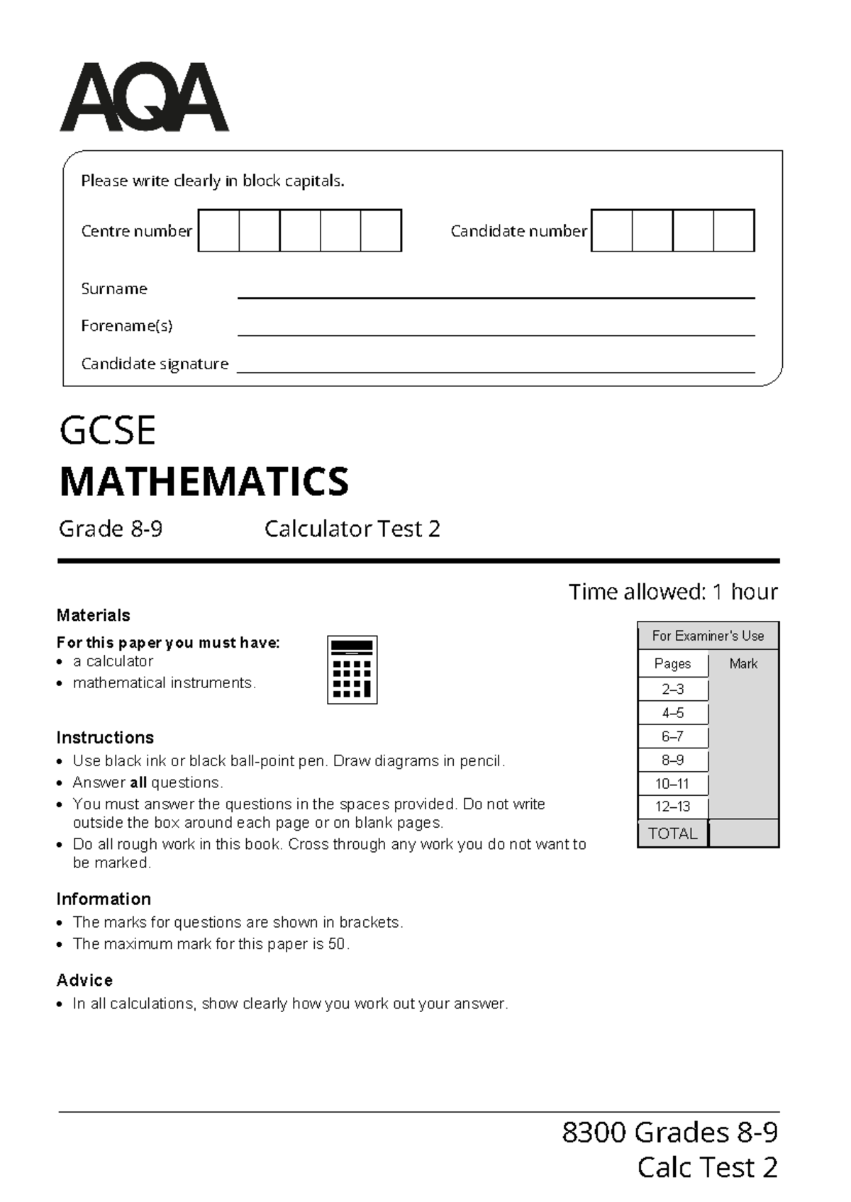 Grades-8-9-calculator-test-2-question-paper - 8300 Grades 8 - 9 Calc ...
