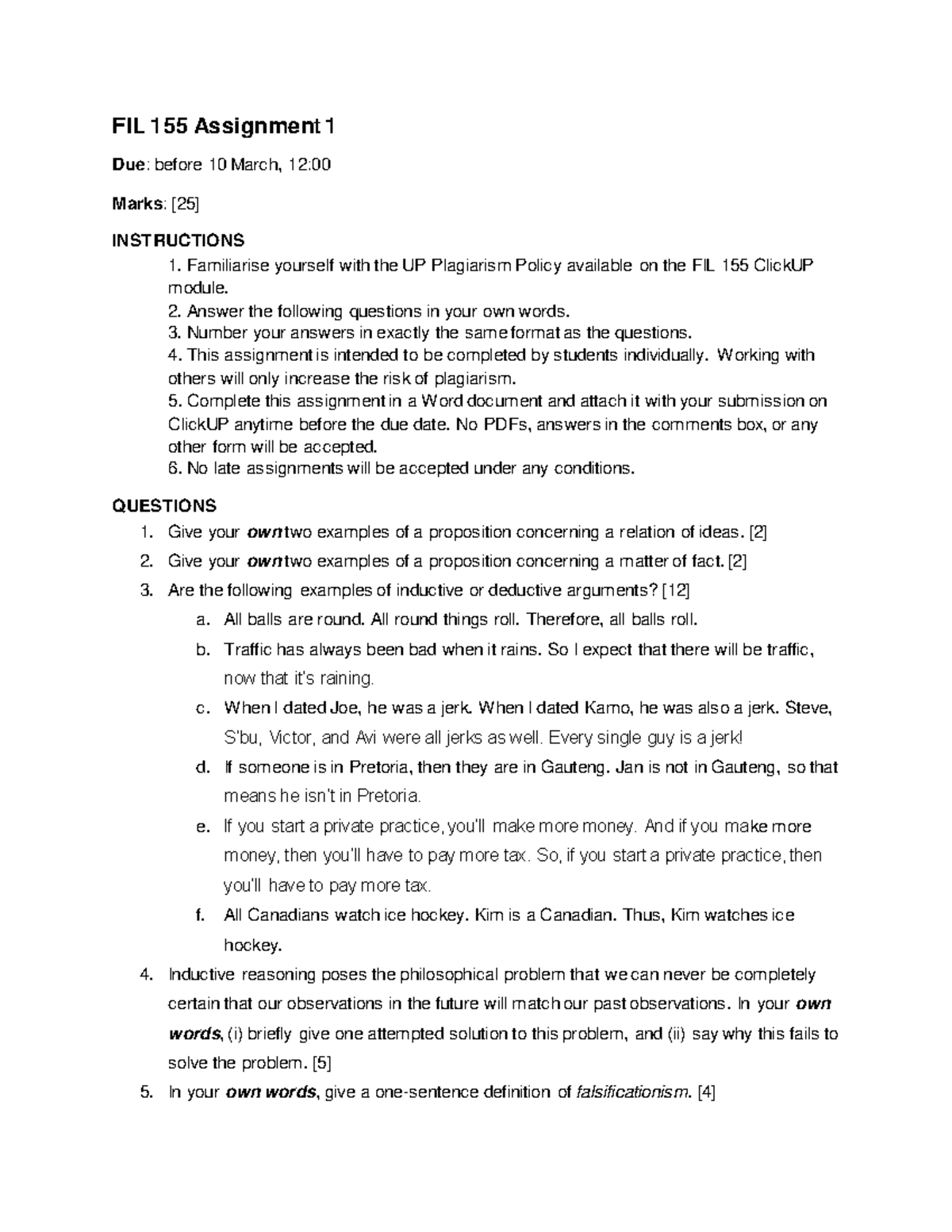 FIL 155 Assignment 1 - FIL 155 Assignment 1 Due: before 10 March, 12: Marks: [25] INSTRUCTIONS 1 ...