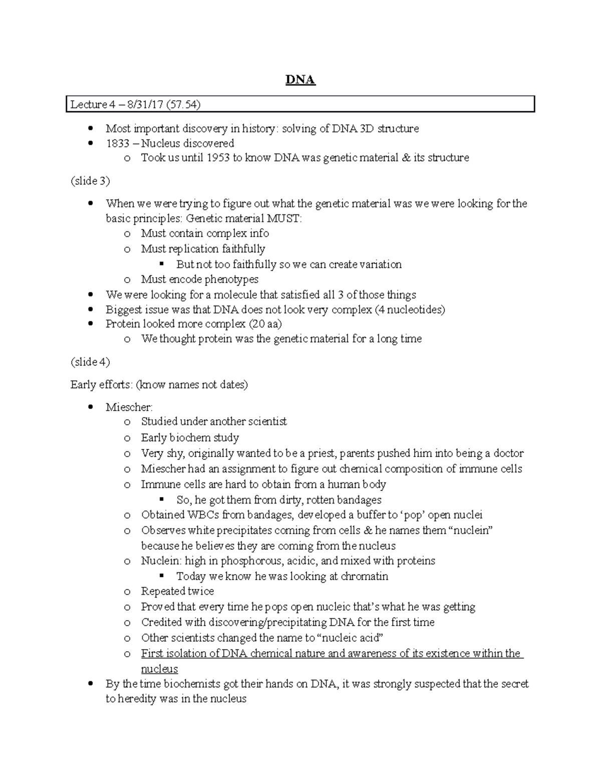 DNA - Exam 1 - Dr. Talbert - DNA Lecture 4 – 8/31/17 (57) Most ...