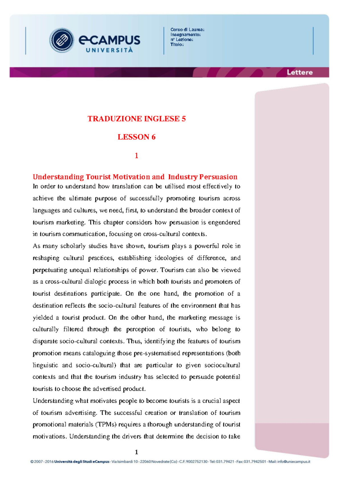 Tourism English and TPM - TRADUZIONE INGLESE 5 LESSON 6 1 Understanding Tourist Motivation and ...
