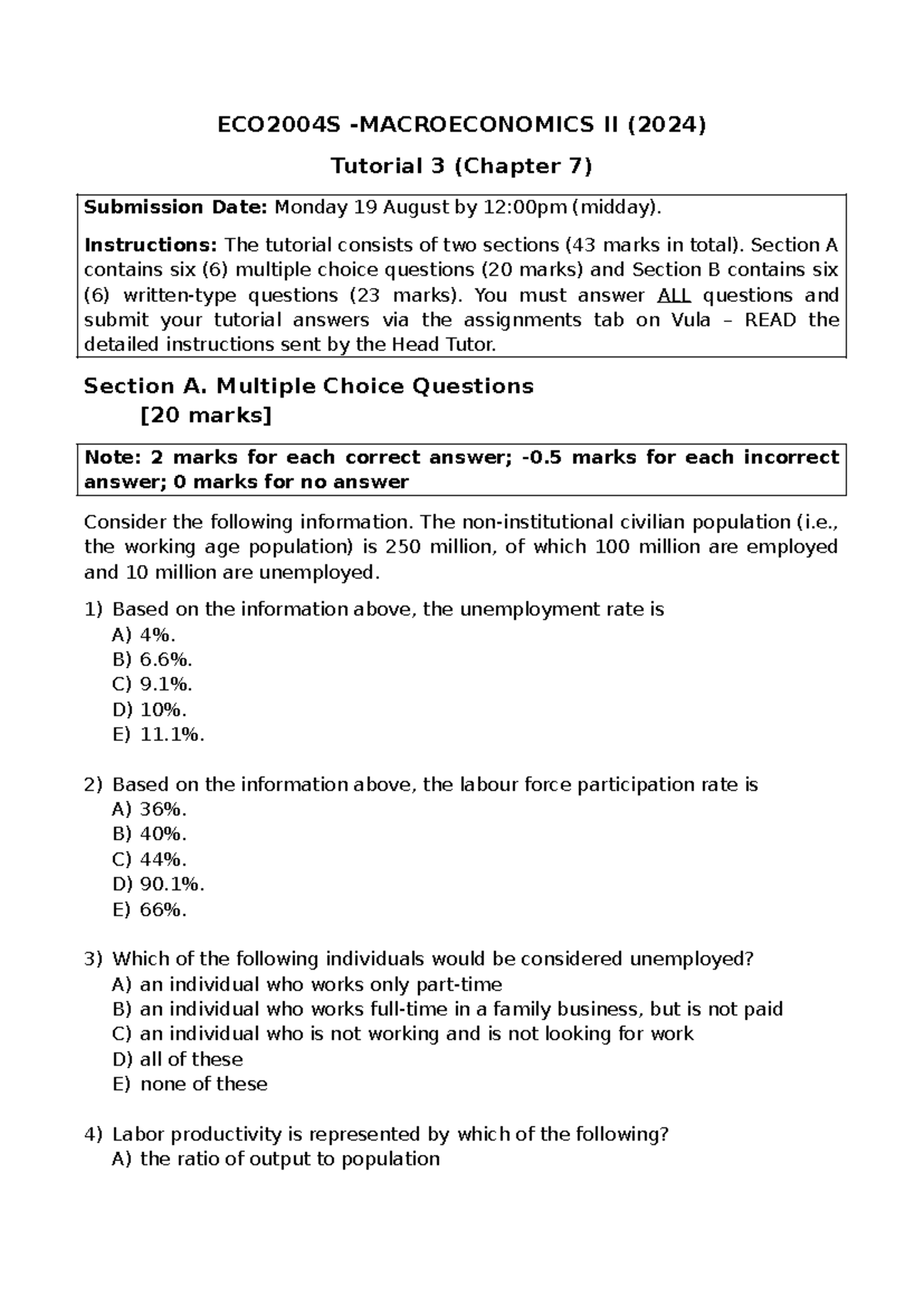 Tutorial 3 - Practise - ECO2004S -MACROECONOMICS II (2024) Tutorial 3 ...